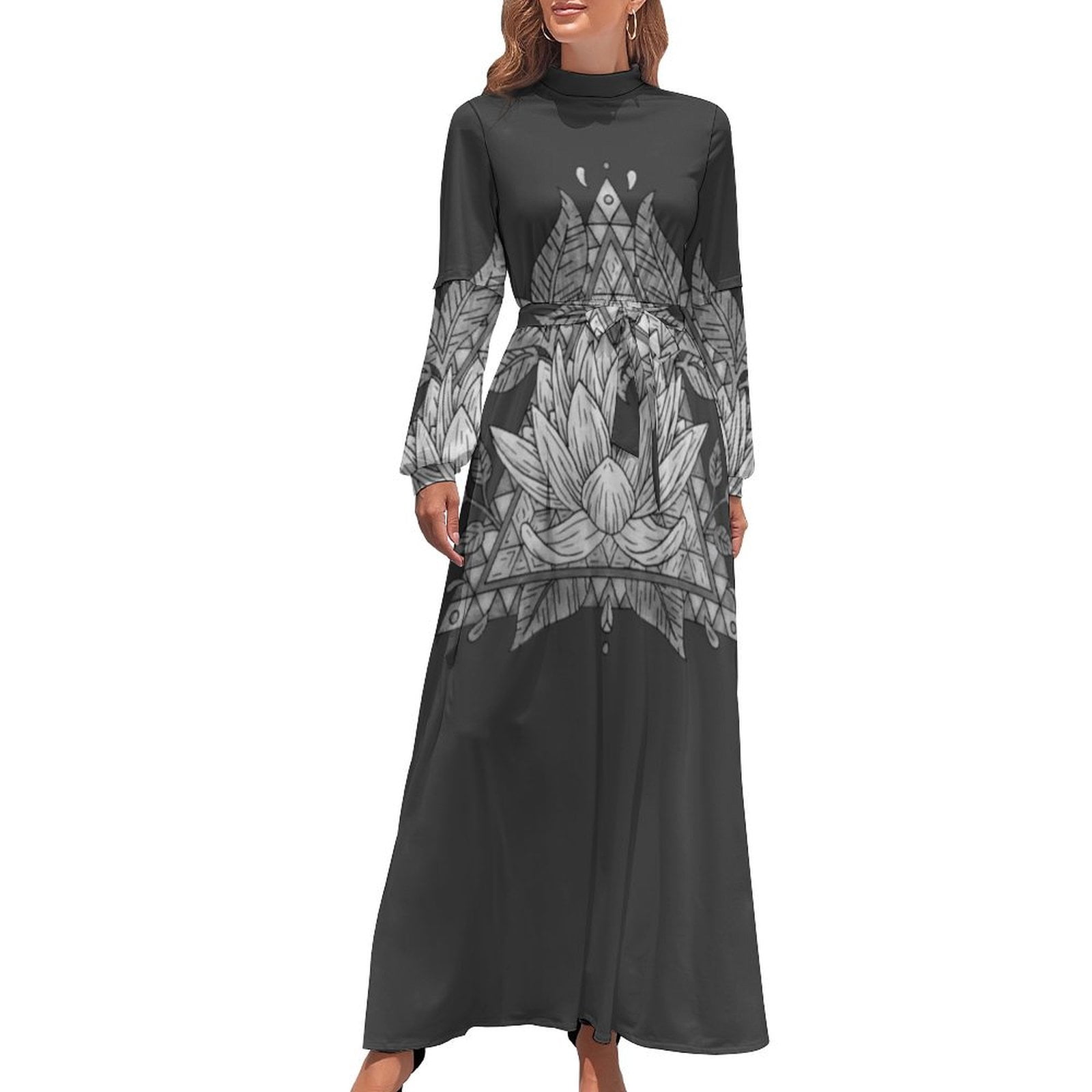 Grey Lotus Flower Geometric Design Long Dress Women long dress elegant ...