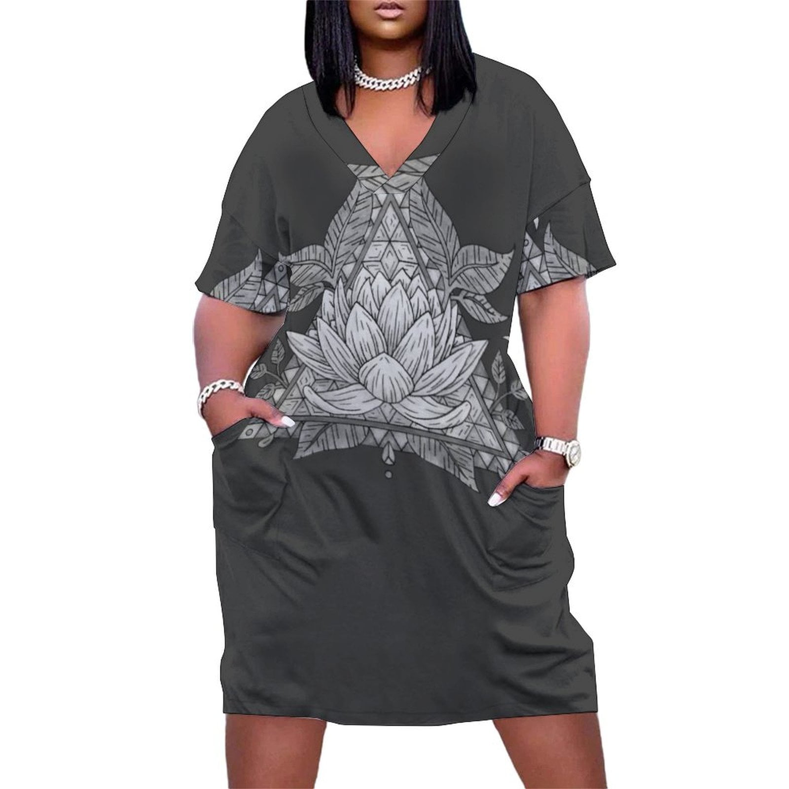 Grey Lotus Flower Geometric Design Loose Pocket Dress african dresses ...