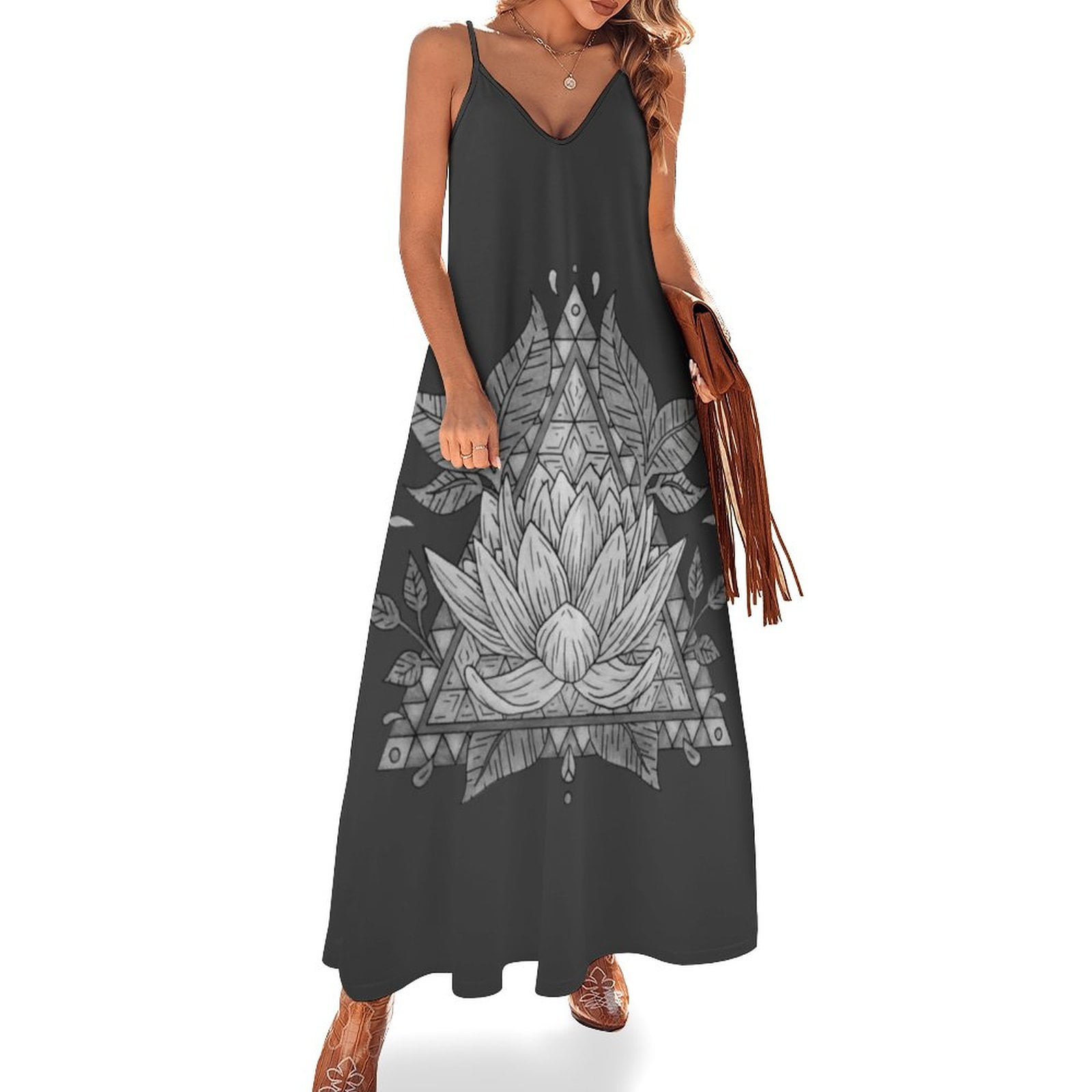 Grey Lotus Flower Geometric Design Sleeveless Dress dresses for woman ...