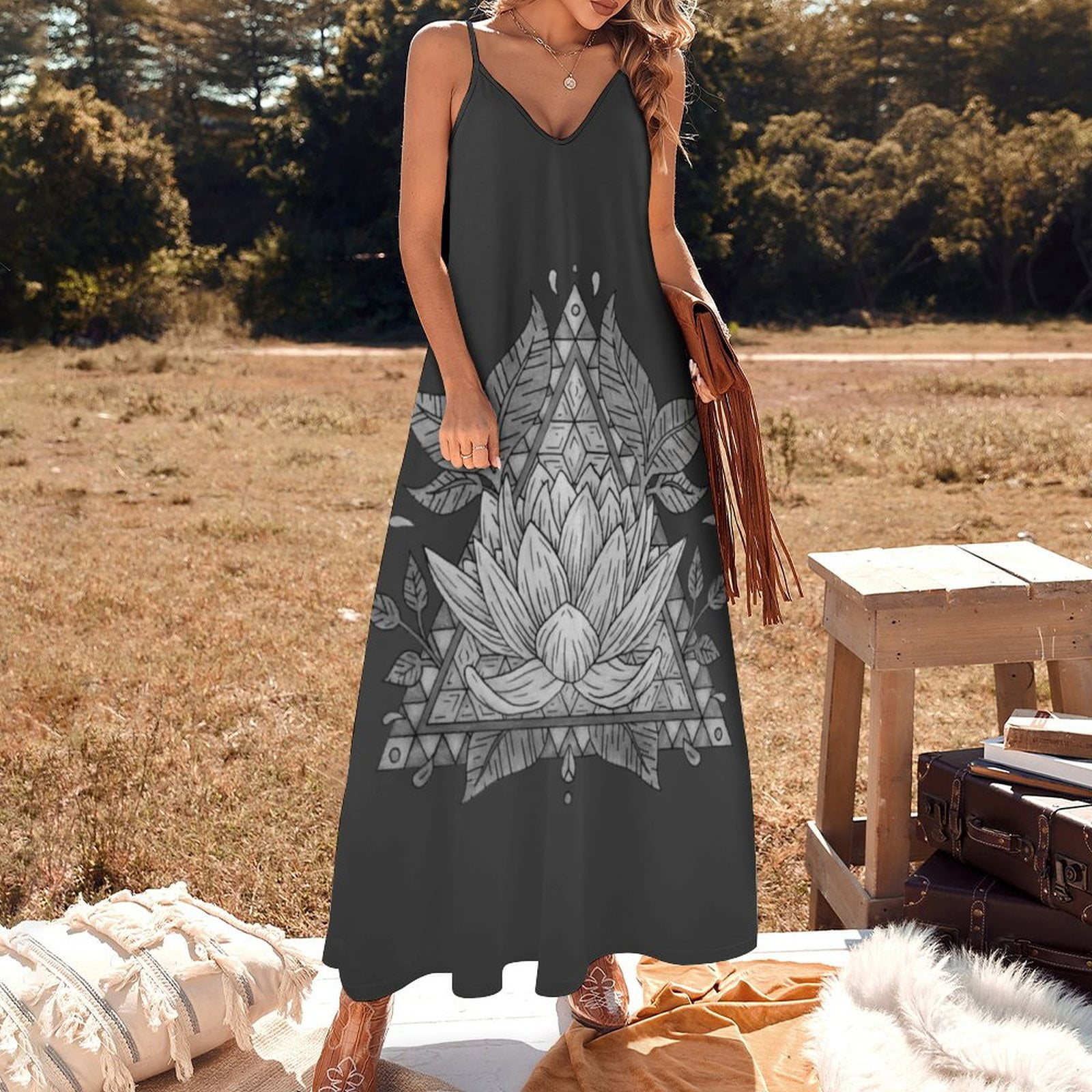 Grey Lotus Flower Geometric Design Sleeveless Dress dresses for woman ...