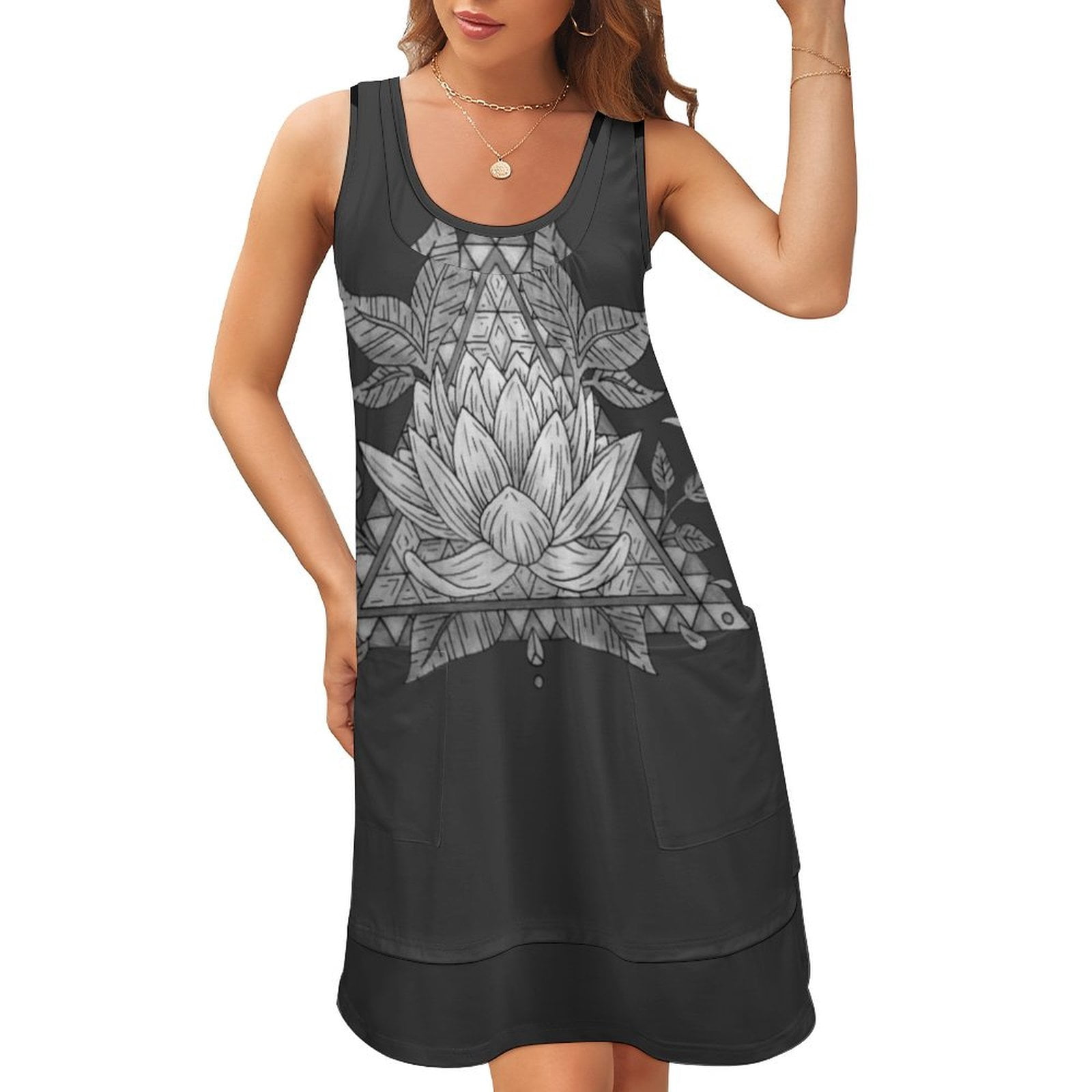 Grey Lotus Flower Geometric Design Sleeveless U-Neck Fake Two Piece ...