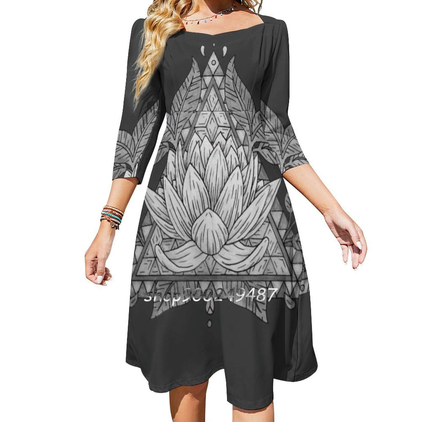 Grey Lotus Flower Geometric Design Square Neck Dress Cute Loose Print ...