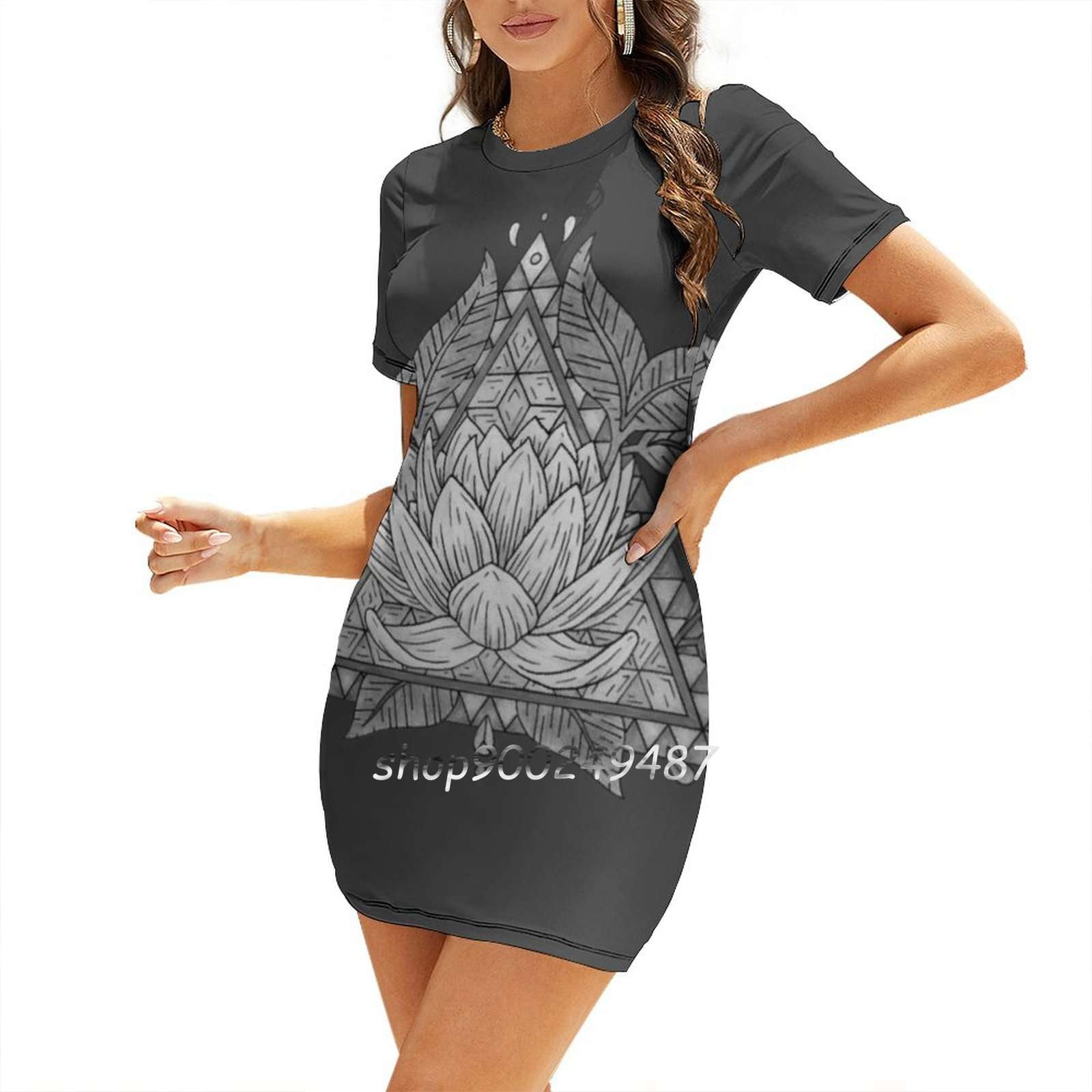 Grey Lotus Flower Geometric Design Square Neck Dress Cute Loose Print ...