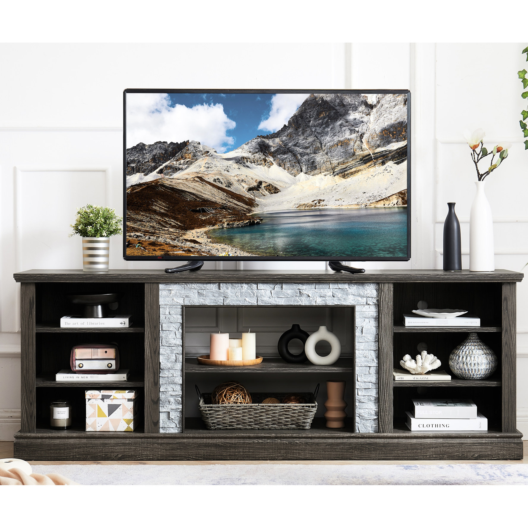 Grey MDF TV Stand with Faux Stone Surround, 6 Cable Cutouts - Fits Up ...