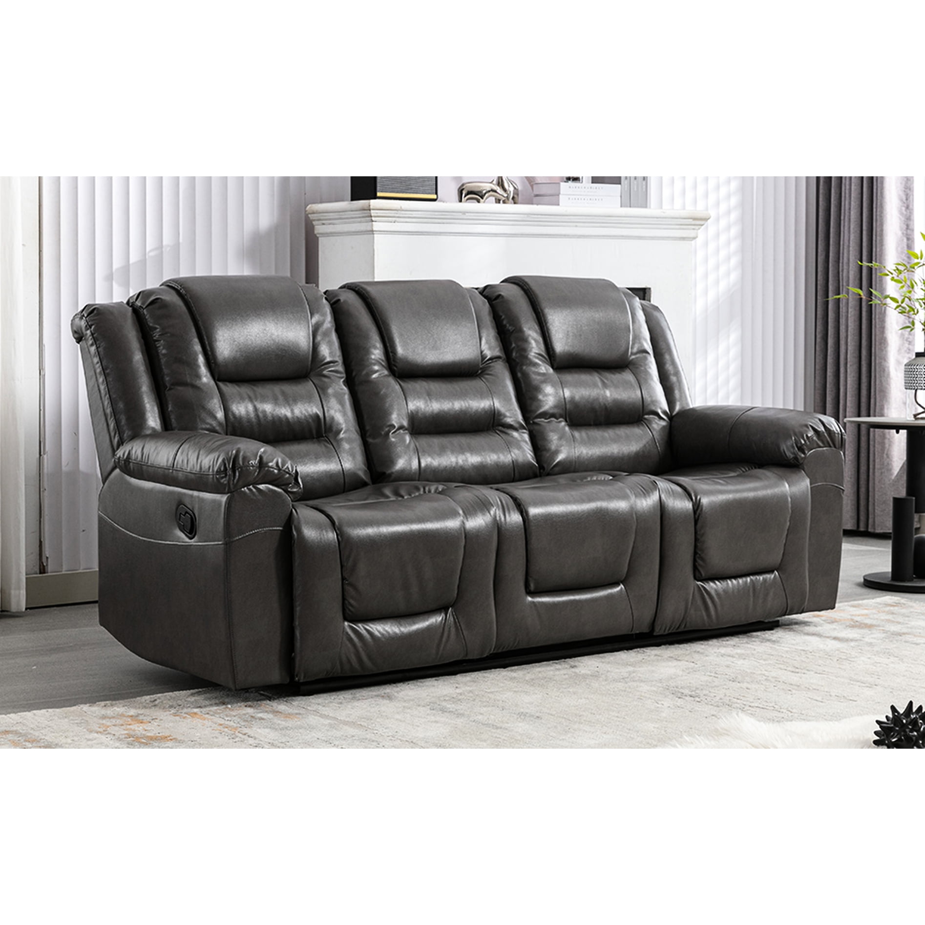 Grey Manual Recliner Chair With Foam Padding & Cup Holder Slots 3 ...