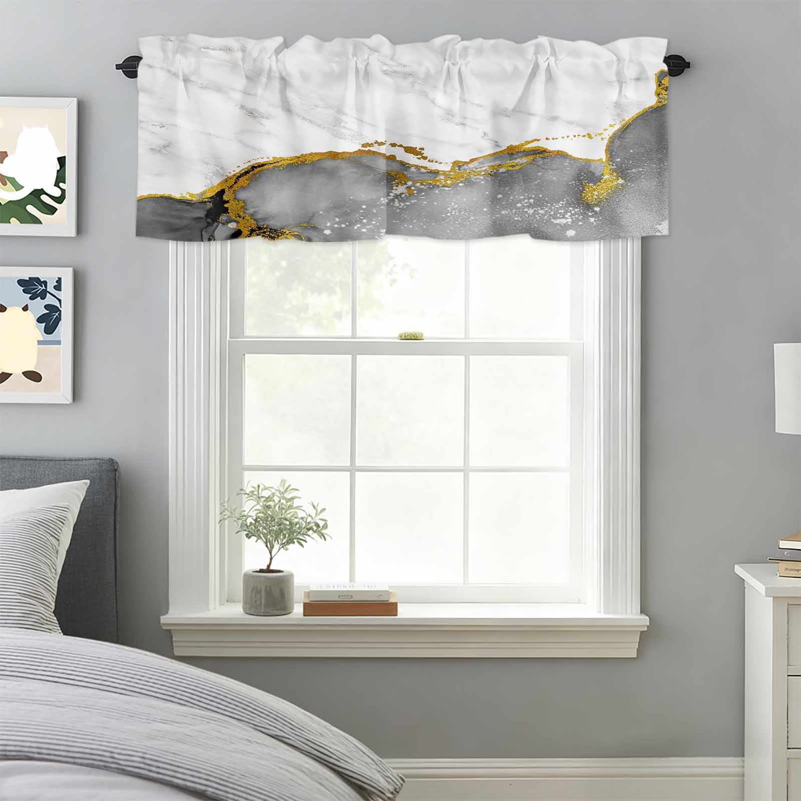 Grey Marble Gold Stripe Valances for Windows,Rod Pocket Valance for ...