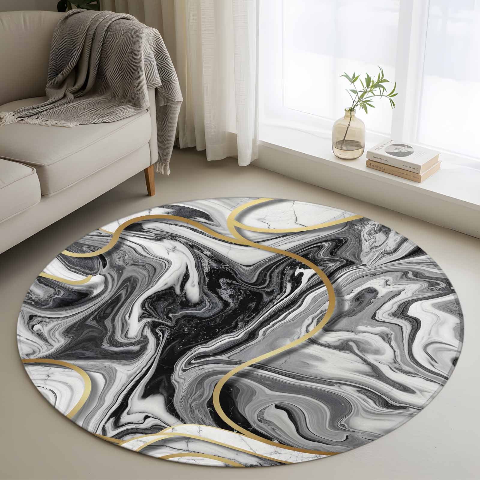 Grey Marble Round Rug 3.3ft Washable Circle Entryway Rugs Non Slip ...