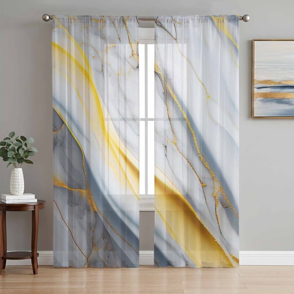 Grey Marble Semi Sheer Curtains 96 Inch Length 2 Panels Set, Modern ...