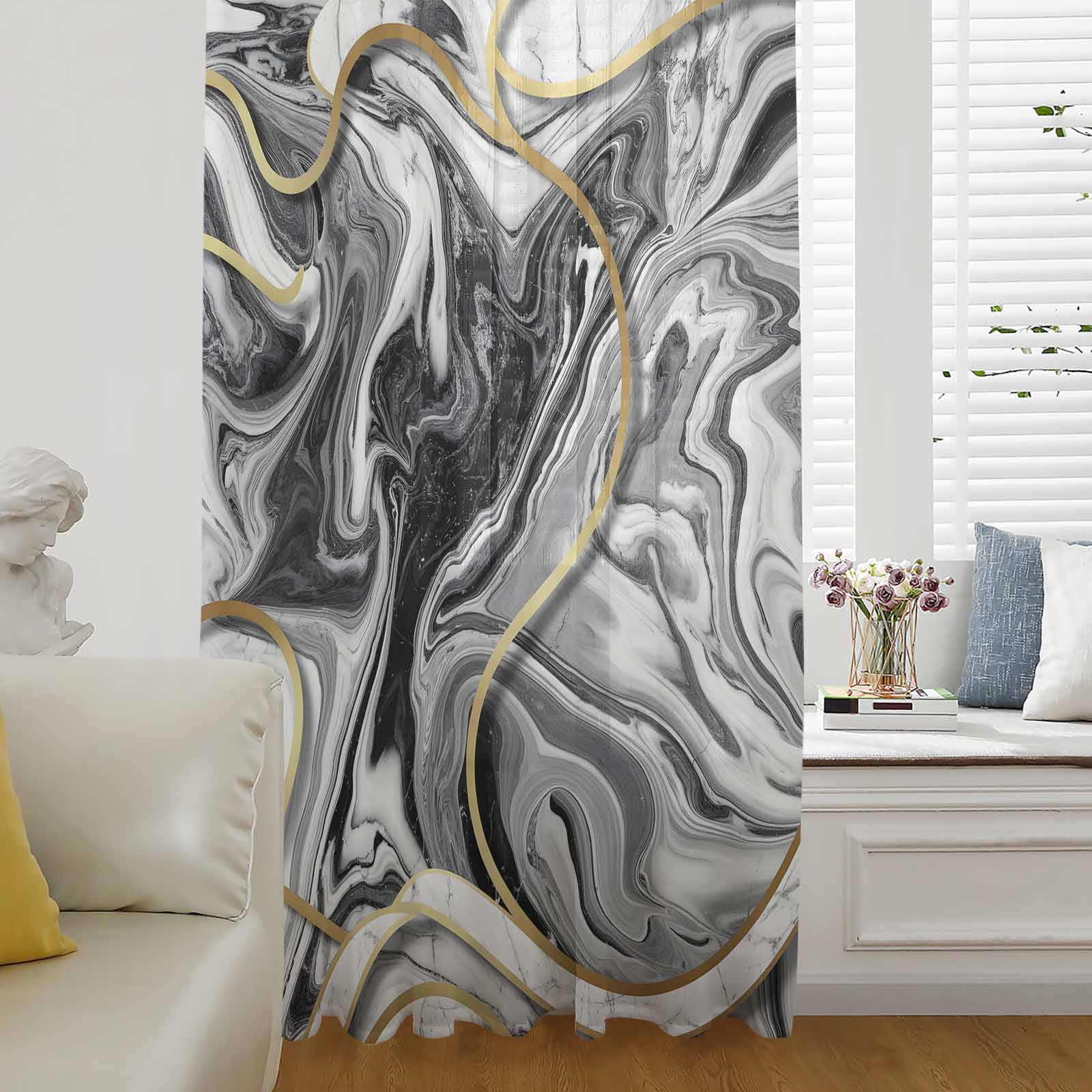 Grey Marble Semi Sheer Curtains Drapes for Living Room, Bedroom, French ...