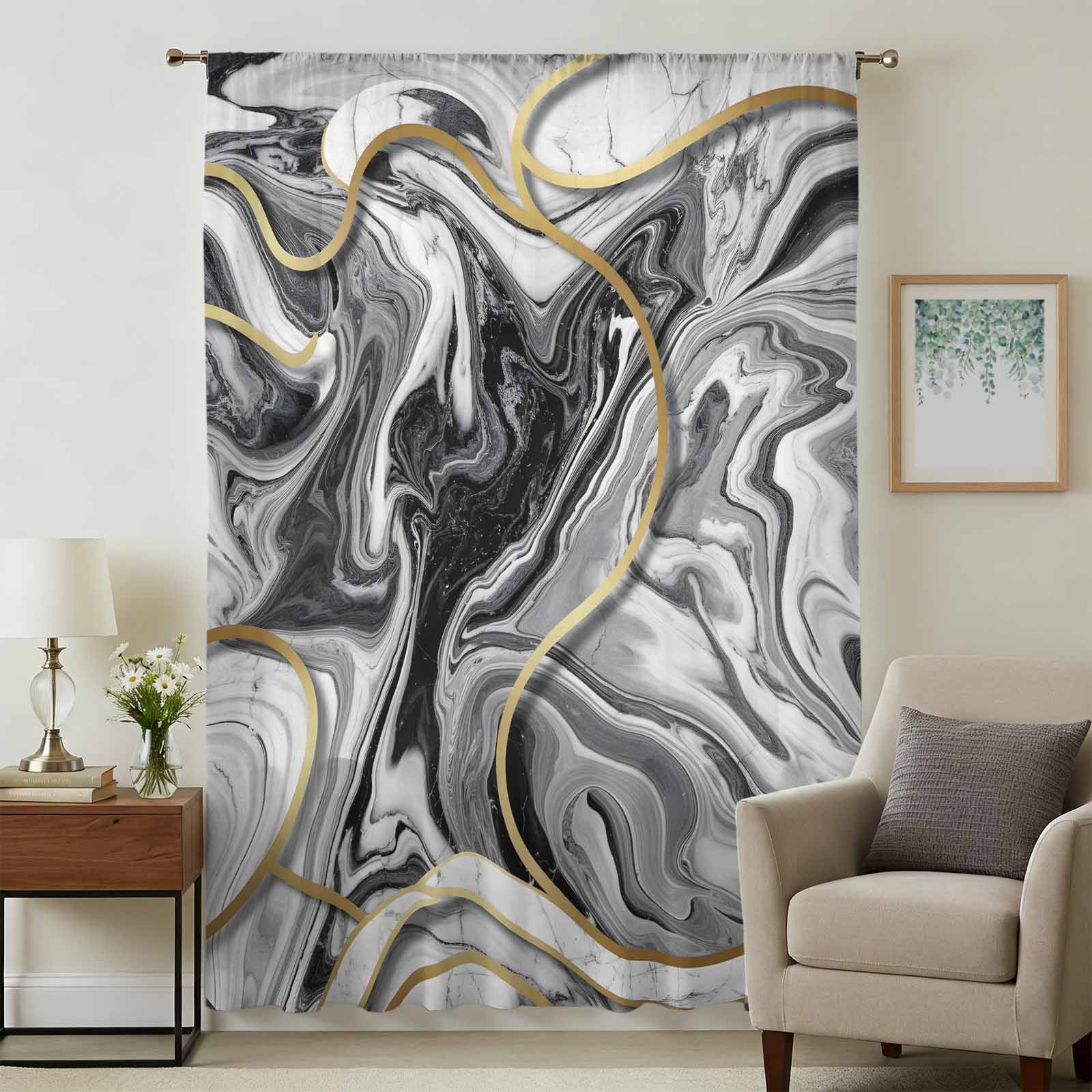 Grey Marble Sheer Curtains 96 Inches Long, Modern Abstract Art Ink ...