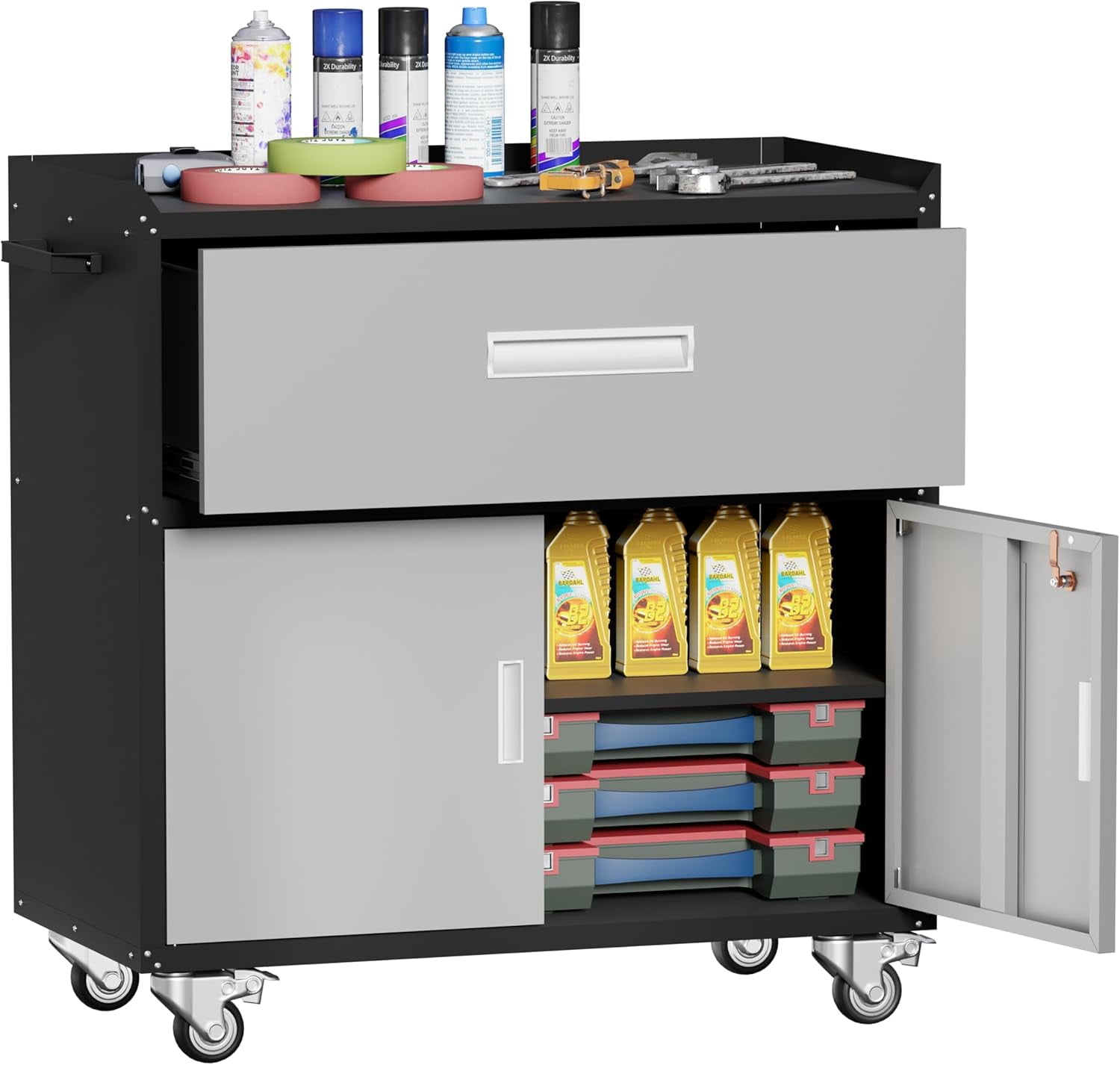 Grey Metal Tool Cabinet with Wheels,Lockable Tool Cabinet with Shelves ...