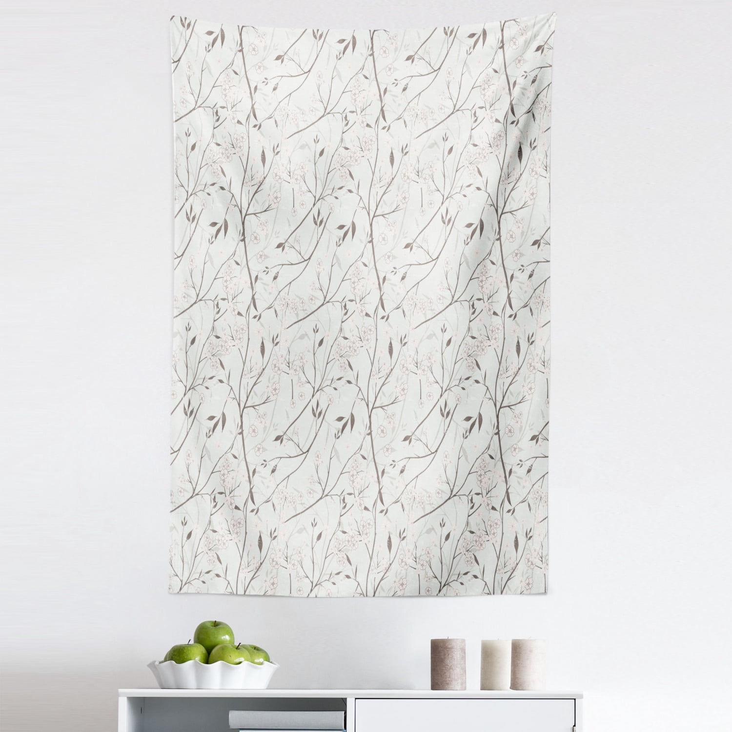 Grey and Mint Tapestry, Rustic Branches White Buds Purity of Untouched ...