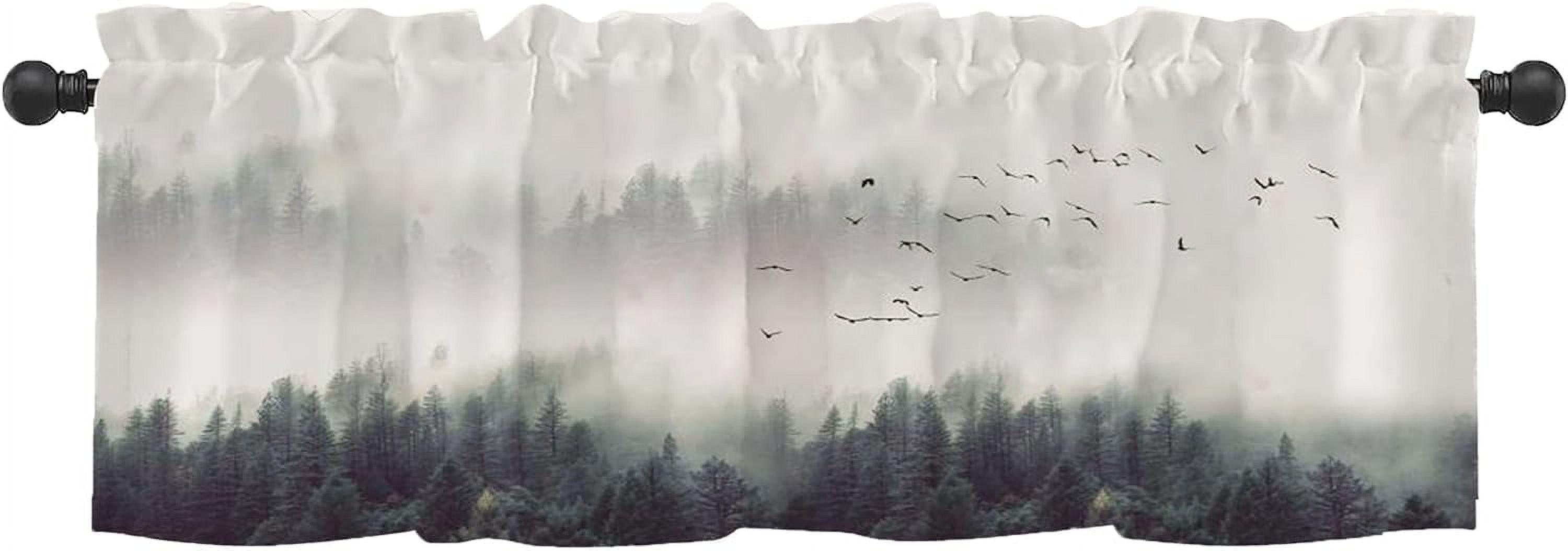 Grey Misty Forest Valances for Windows Nature Tree Fantasy Fog Bird ...