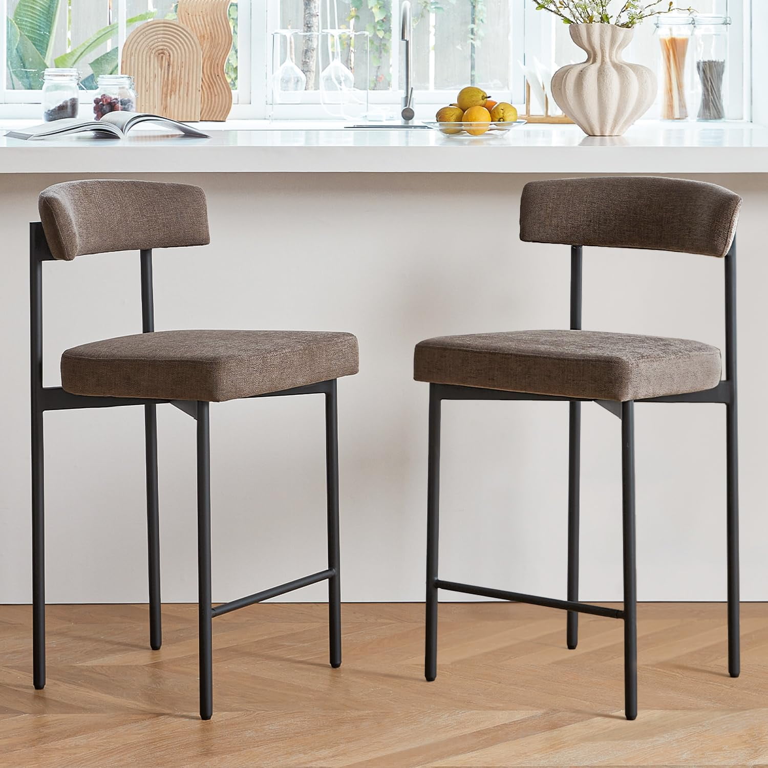 Grey Modern Bar Stools Set of 2, 24 Inch Faux Leather Counter Stools ...