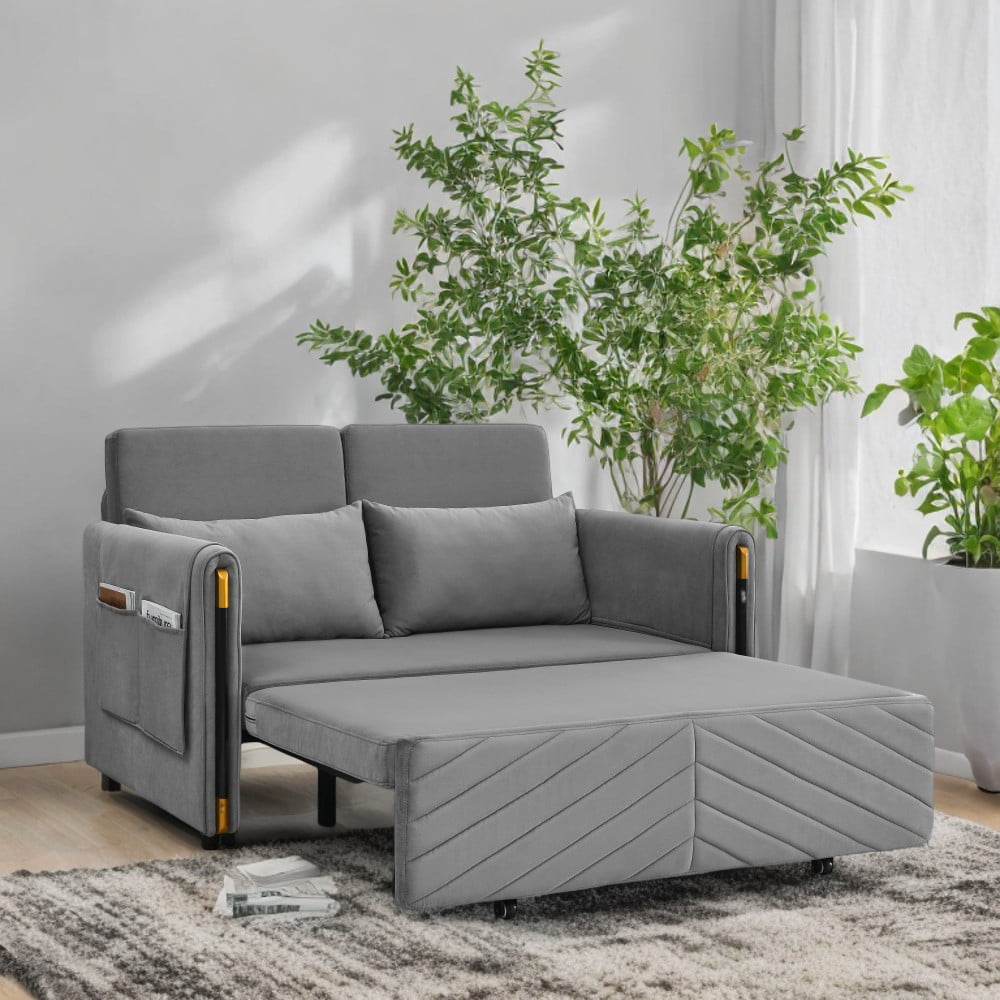 Grey Modern MH 54” Convertible Velvet Loveseat Sofa Bed with Pull Out ...