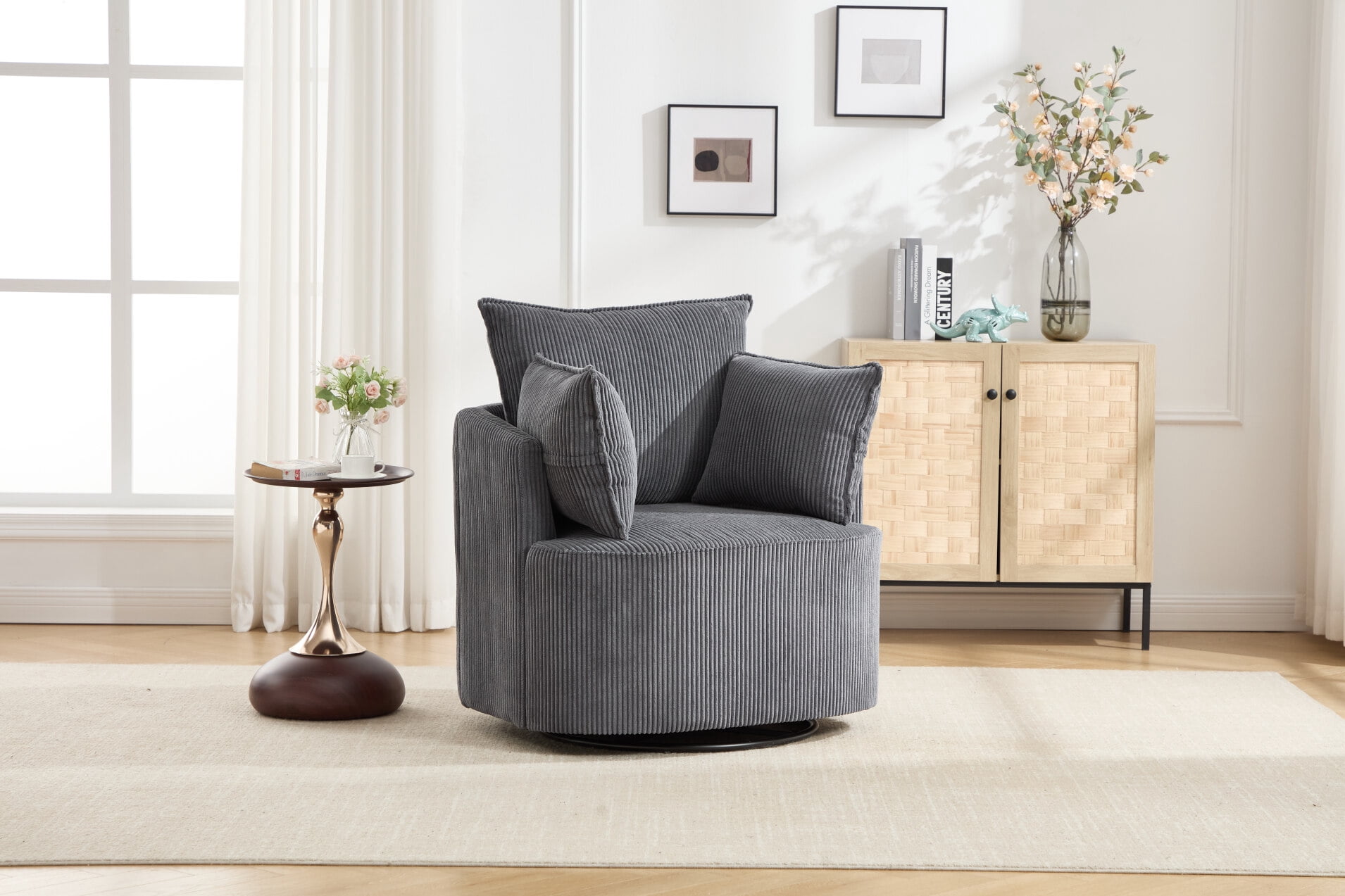 Grey Modern Swivel Accent Chair with 360-Degree Rotation and Solid Wood ...