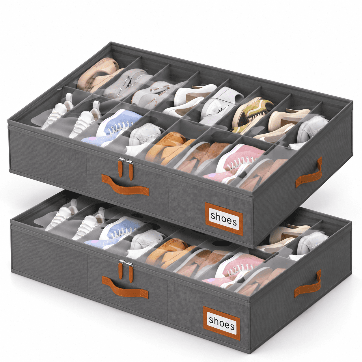 Grey Modern Under Bed Shoe Rack Organizer Set of 2 Holds 32 Pairs ...