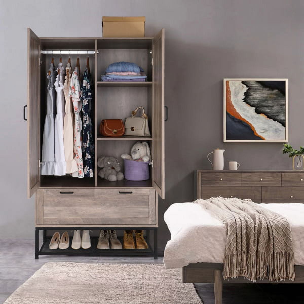 Grey Modern Wardrobe - 2 Doors & 1 Drawer MDF Storage Cabinet with ...