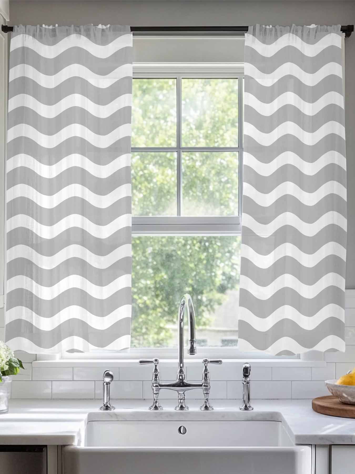 Grey Moire Ombre Sheer Curtains for Living Room Bedroom Water Ripple Stripe Farmhouse Sheer ...