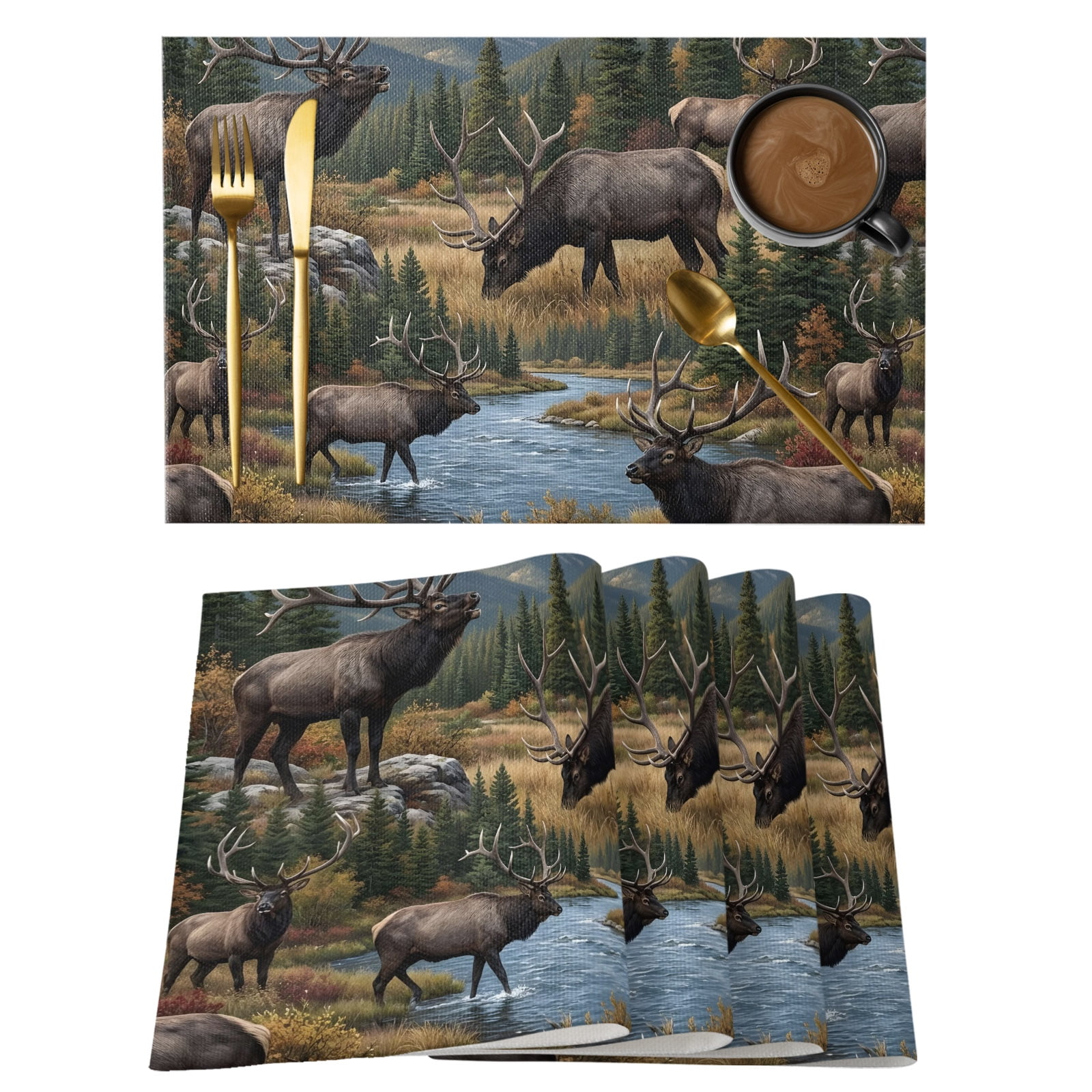 Grey Moose Placemats Set of 6 Forest Mountain Modern Art Animals Place ...
