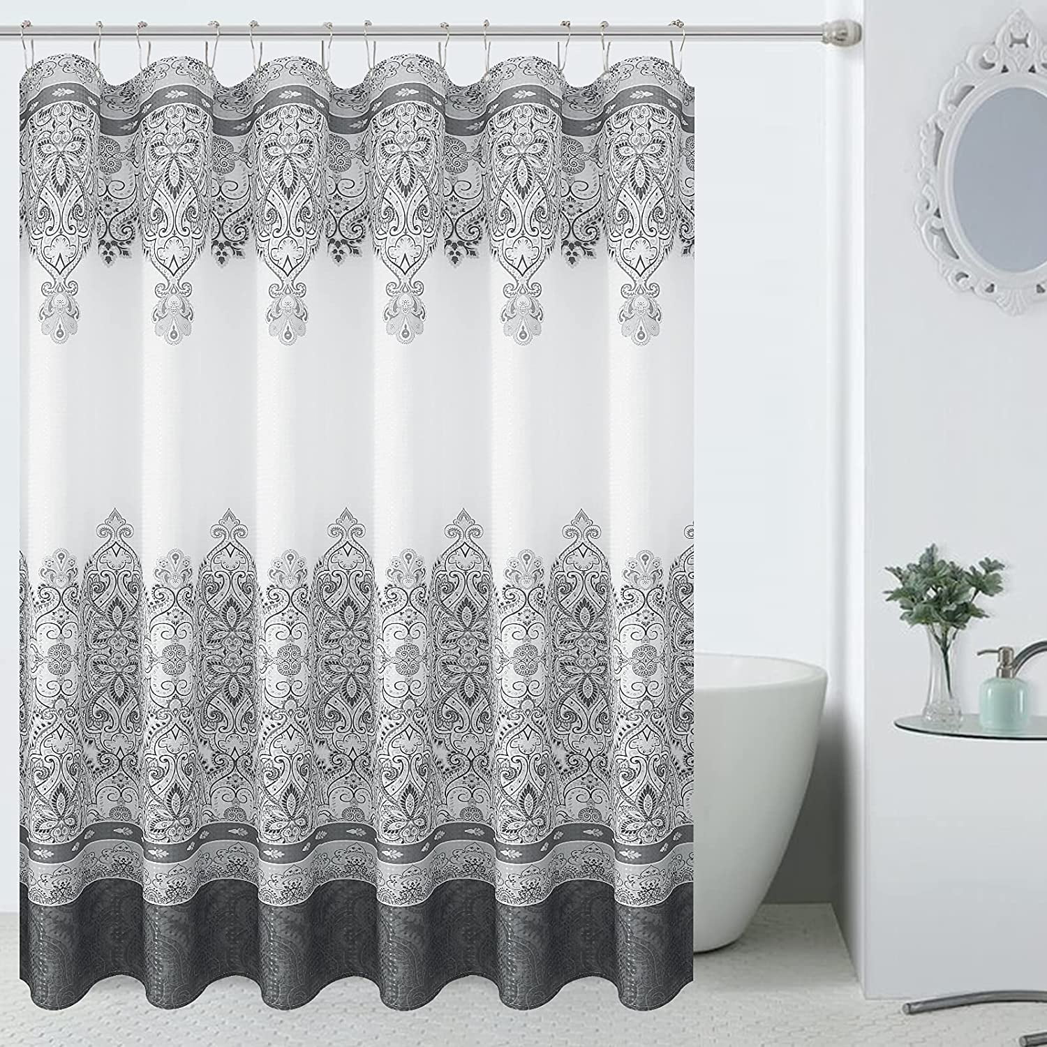 Elegant Grey and White Paisley Shower Curtain Set with Hooks, Water ...