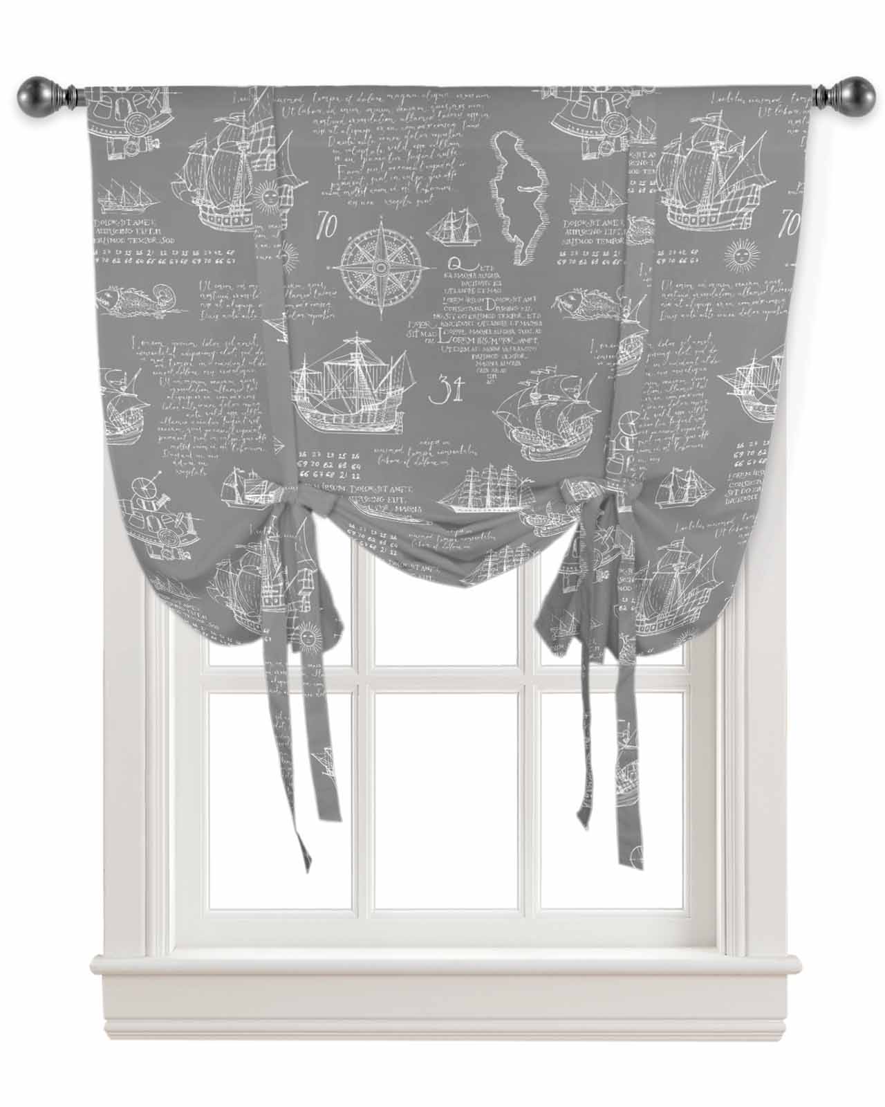Grey Nautical Tie Up Curtains for Window, Coastal Ocean Boat Vintage ...