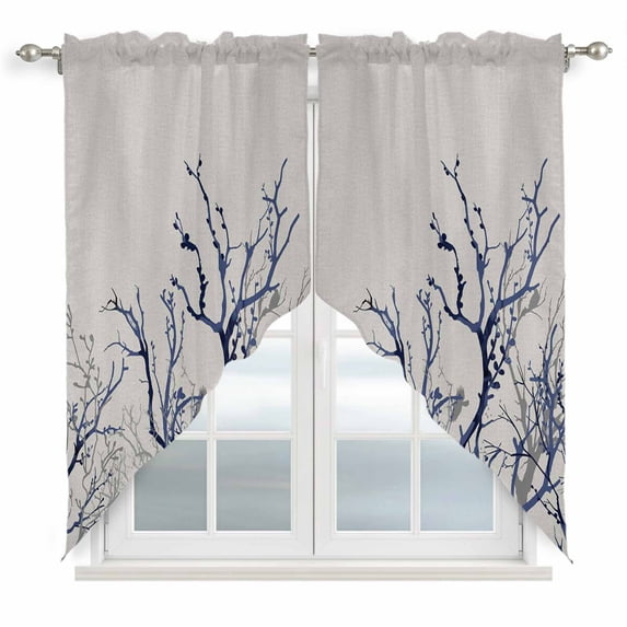 Grey Navy Blue Tree Swag Valances for Windows, Kitchen Window Curtains ...