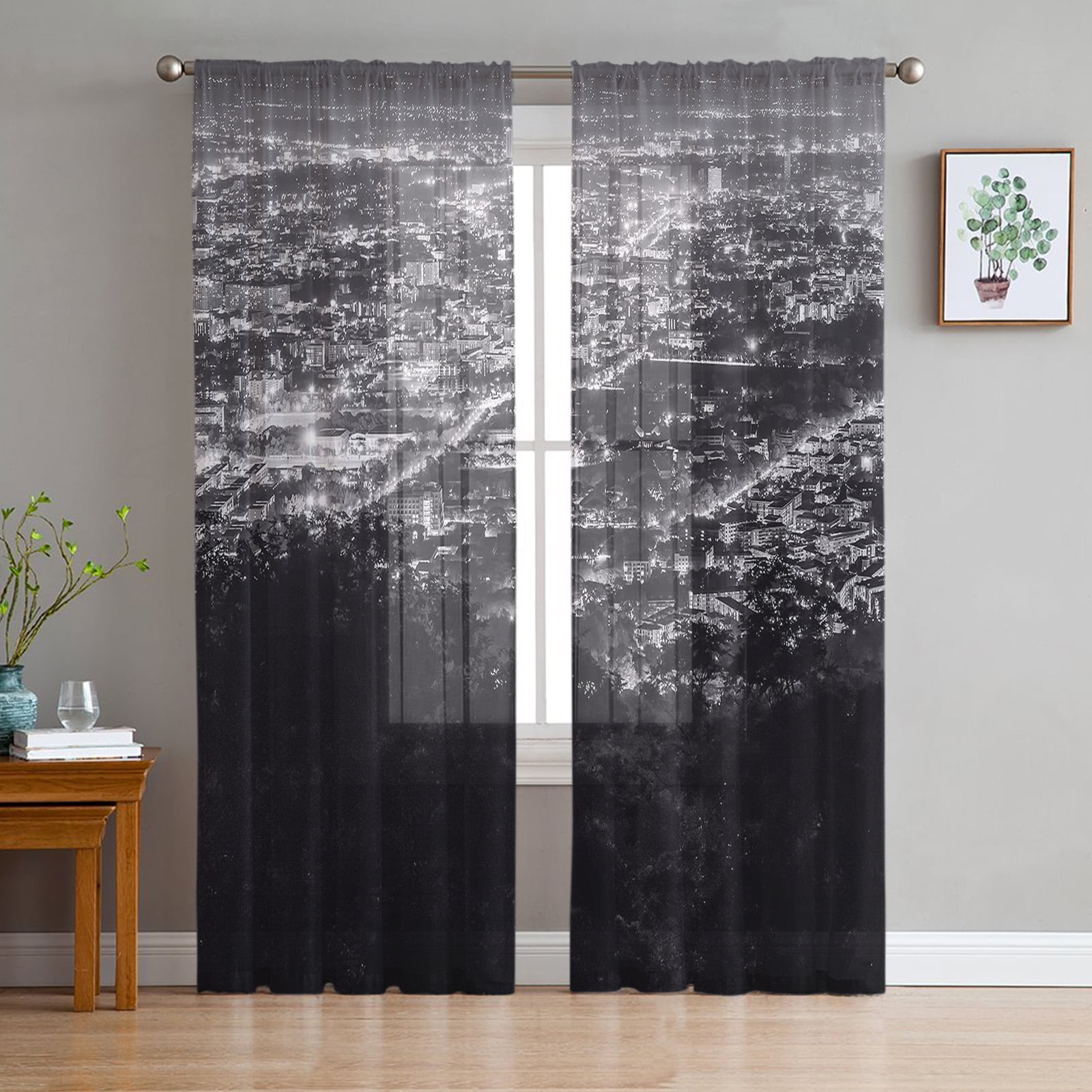 Grey New York City Sheer Voile Curtains Window Treatment for Kitchen ...