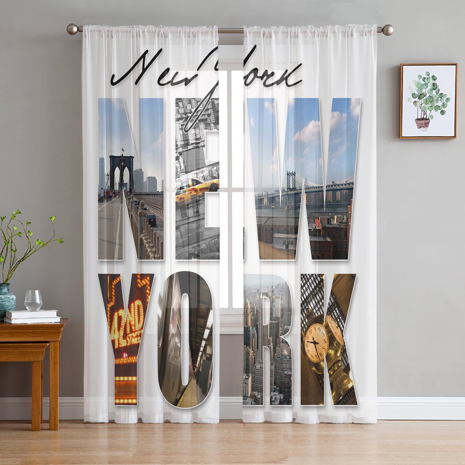 Grey New York City Sheer Voile Curtains Window Treatment for Kitchen ...