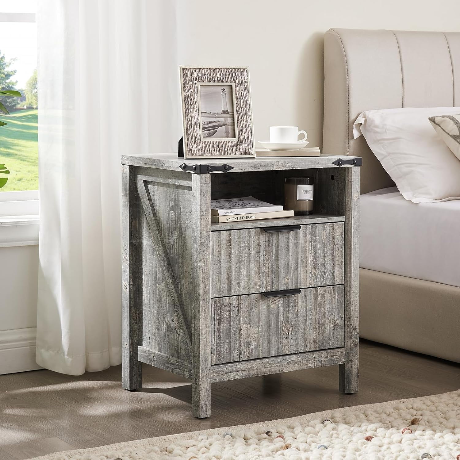 Grey Night Stand with Charging Station - 20 Inch Wide Farmhouse Fluted ...
