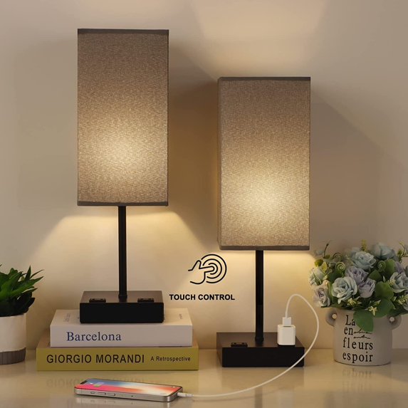 "OLOV Grey Nightstand Lamps Set of 2, Touch Control, 2 AC Outlets ...