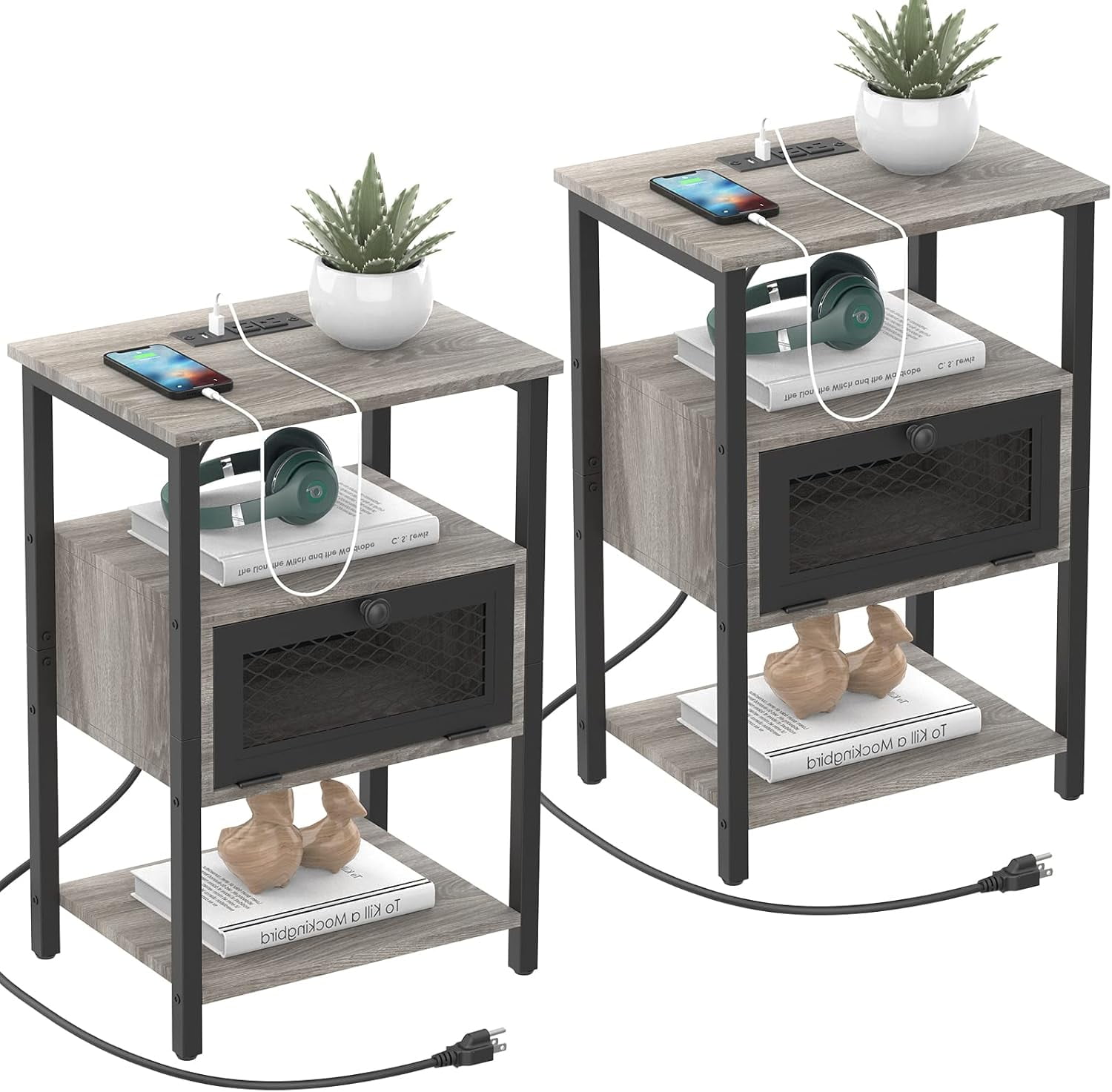 Grey Nightstand Set of 2 with Charging Station for Bedroom Living Room ...