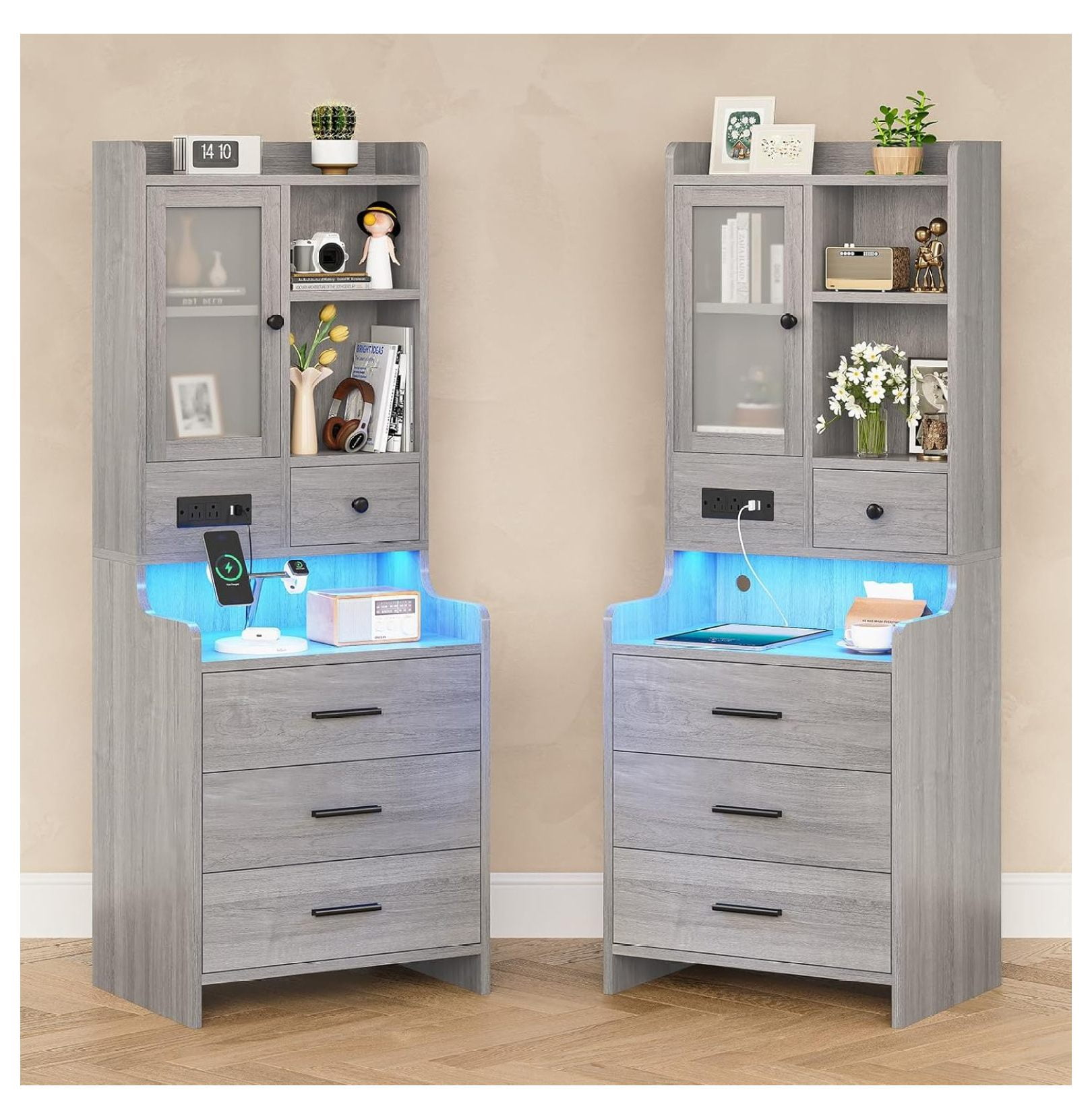 Grey Nightstand Set of 2, LED Night Stand Set 2 with Charging Station ...