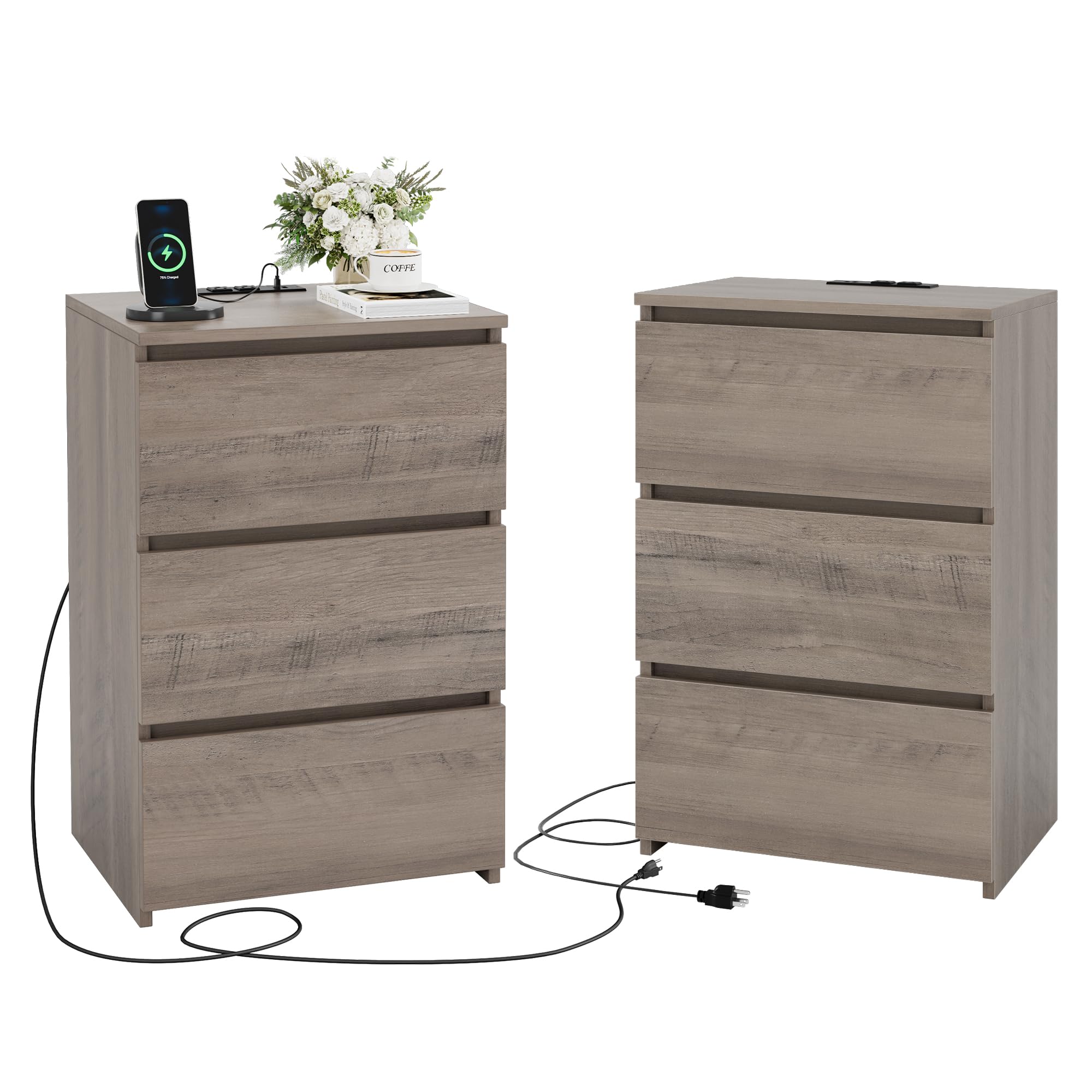 Grey Nightstand with USB Charging and Power Outlets, Set of 2 Wooden ...