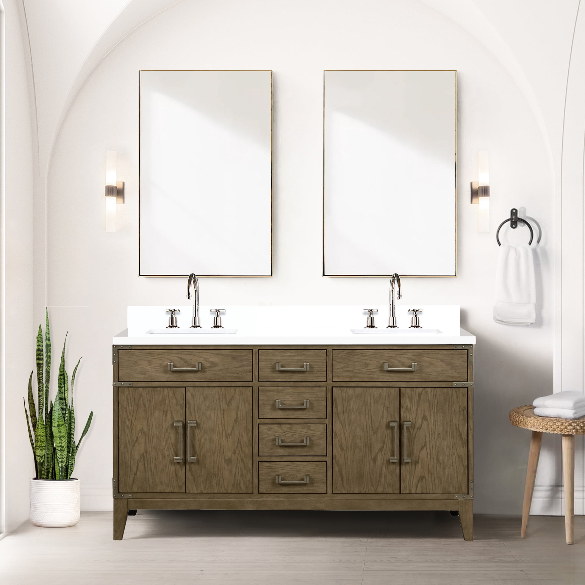 Grey Oak Double Bath Vanity 60 In. - 2 Cabinets, 4 Drawers & Open Shelf ...