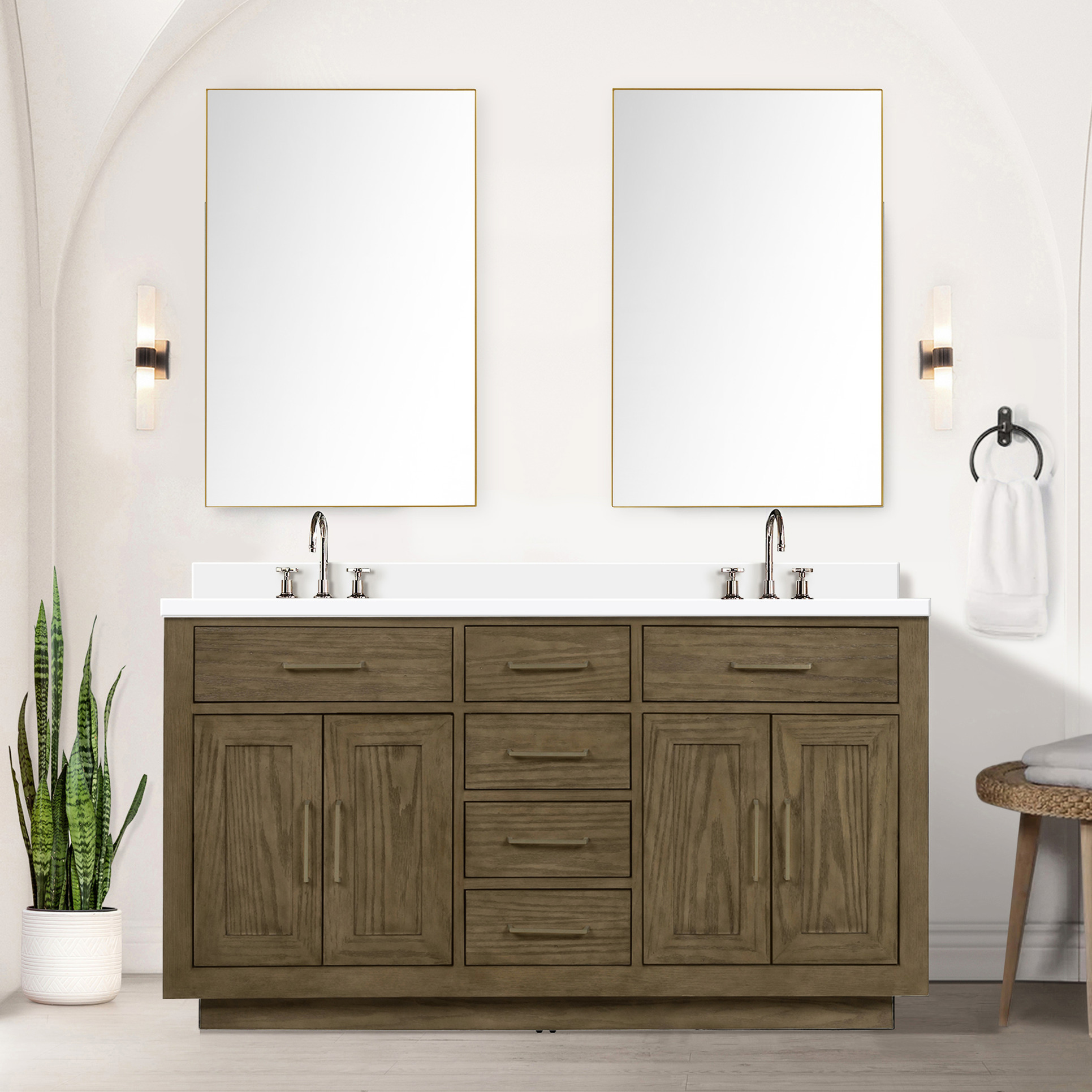 Grey Oak Double Bath Vanity 60 In. X 22 With Quartz Top And 28 Mirrors ...