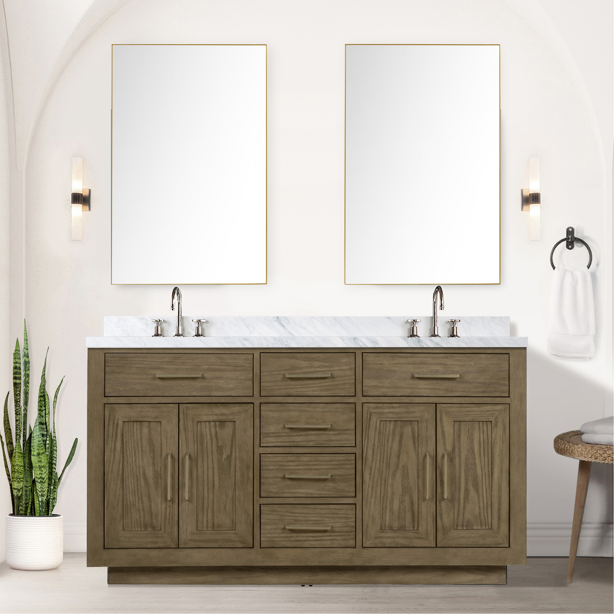 Grey Oak Double Bath Vanity 60" X 22" With Marble Surface And 28" W 36 ...
