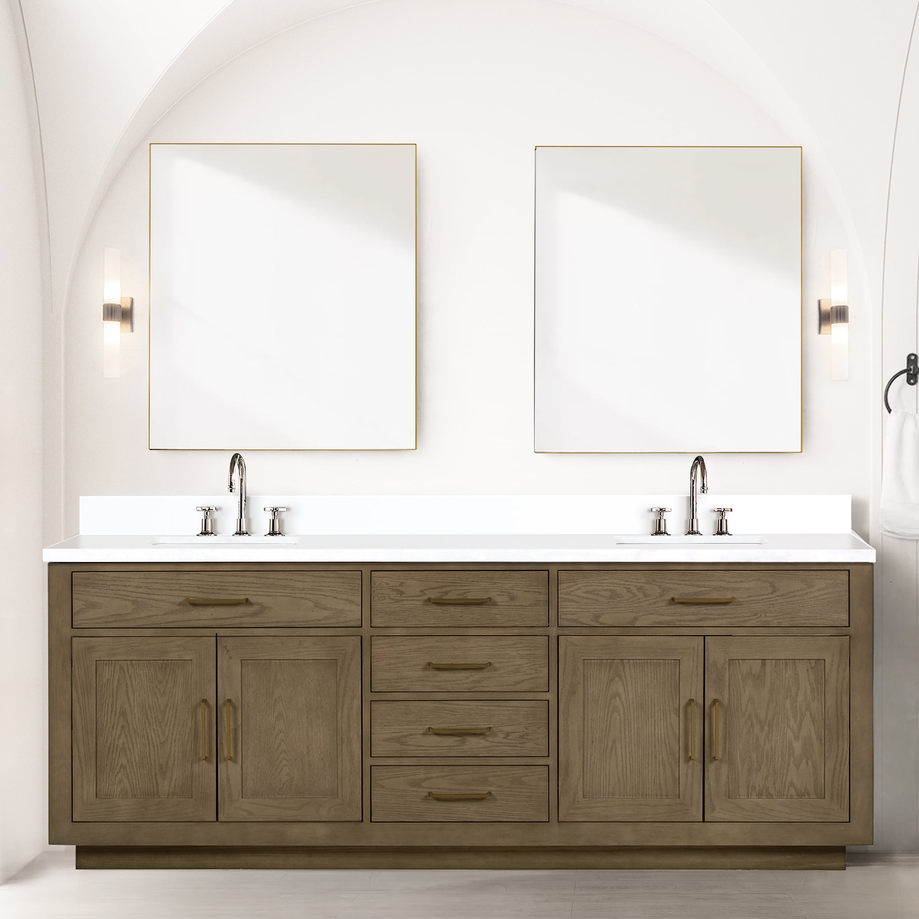 Grey Oak Double Bath Vanity 84 In. W, Cultured Marble Infrequency And 36 Mirrors - Soft Close ...
