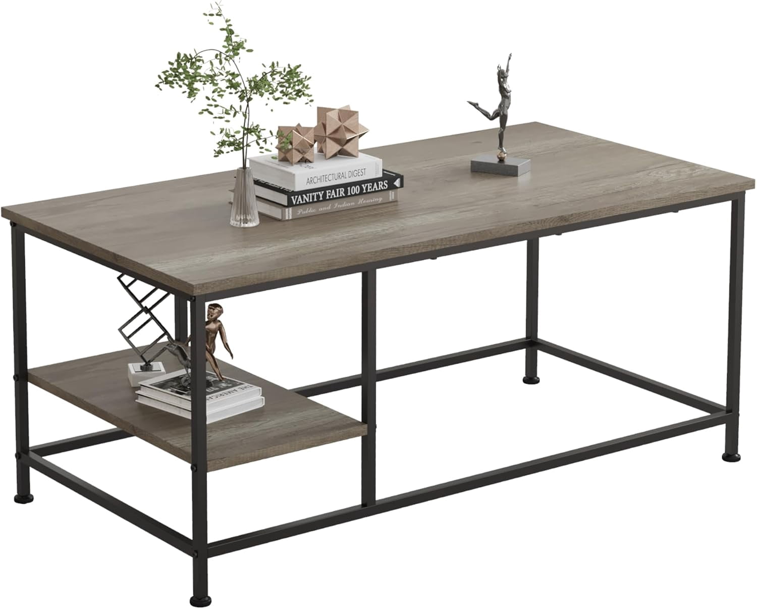Grey Oak Rectangle Wood and Metal Coffee Table with Storage Shelf for ...