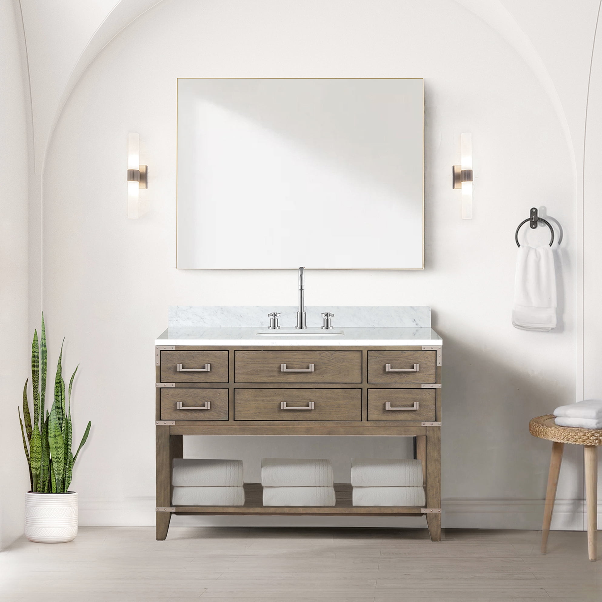 Grey Oak Single Bath Vanity 48 In. - Soft Close, 5 Drawers & Open Cabinet Shelf Solid Wood Frame ...