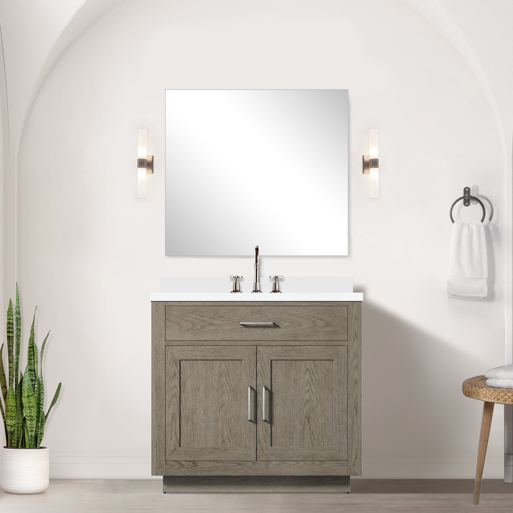 Grey Oak Single Bathroom Vanity 36 In. W X 22 D With White Quartz Top ...