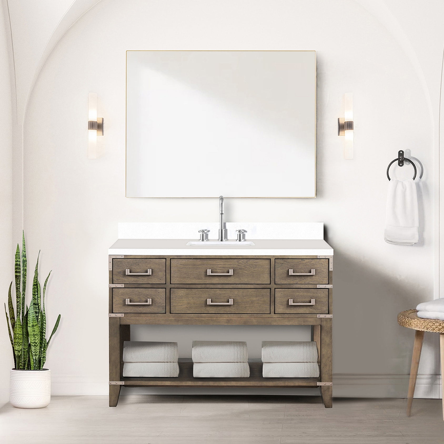 Grey Oak Wood Bath Vanity with 22 in. D and White Quartz Surface | Five ...