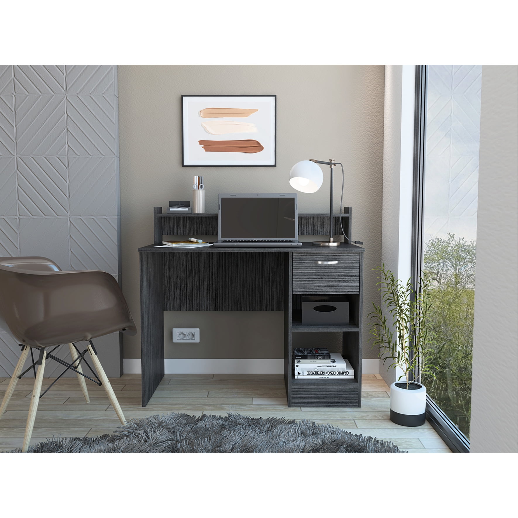 Grey Office Computer Desk | Hutch Adds Unique Look | Open Storage ...