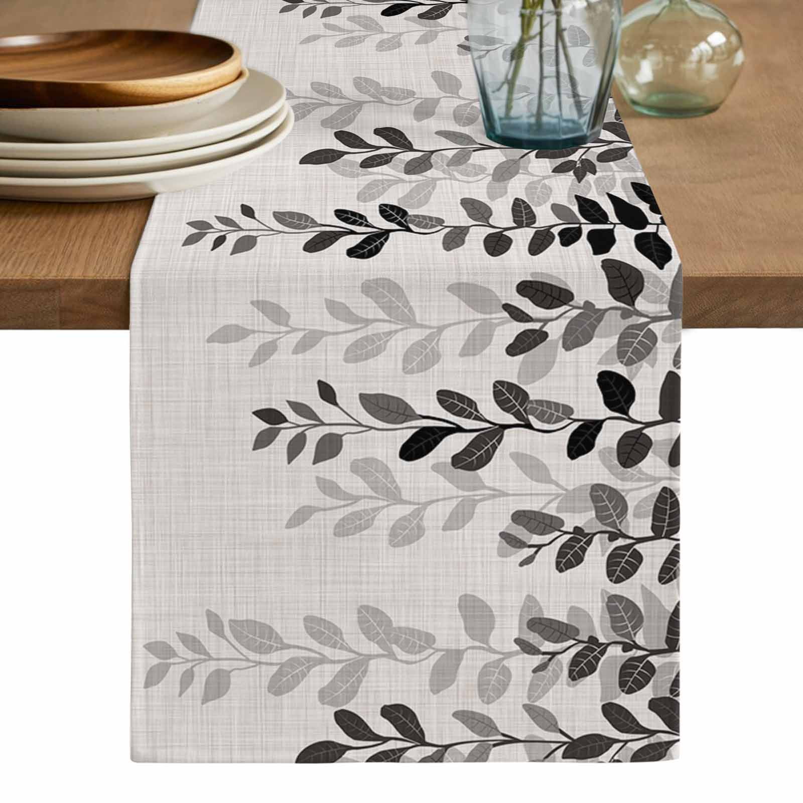 Grey Ombre Botanical Table Runner, Watercolor Gray Pastoral Leaf Rustic ...