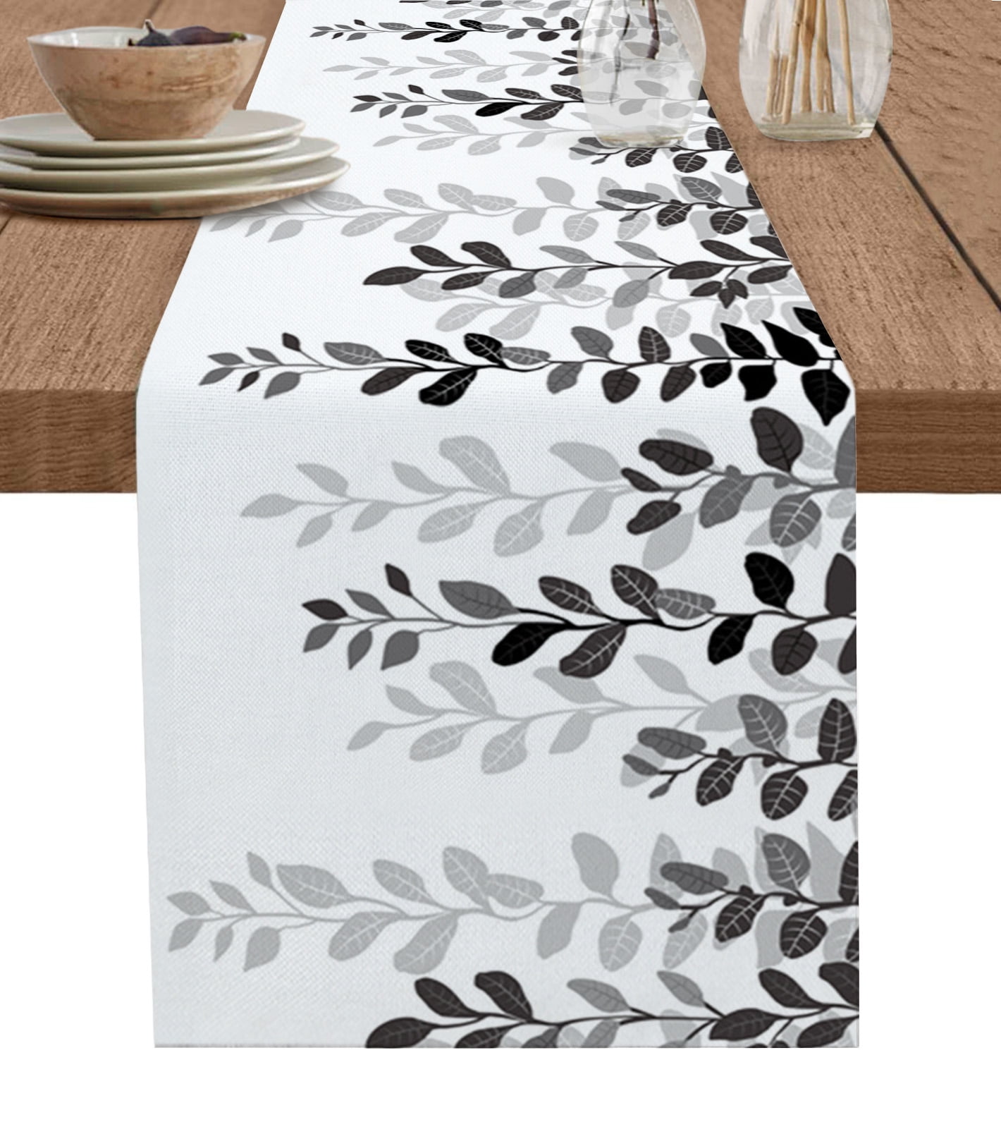 Grey Ombre Botanical Table Runner Watercolor Gray Pastoral Leaf ...