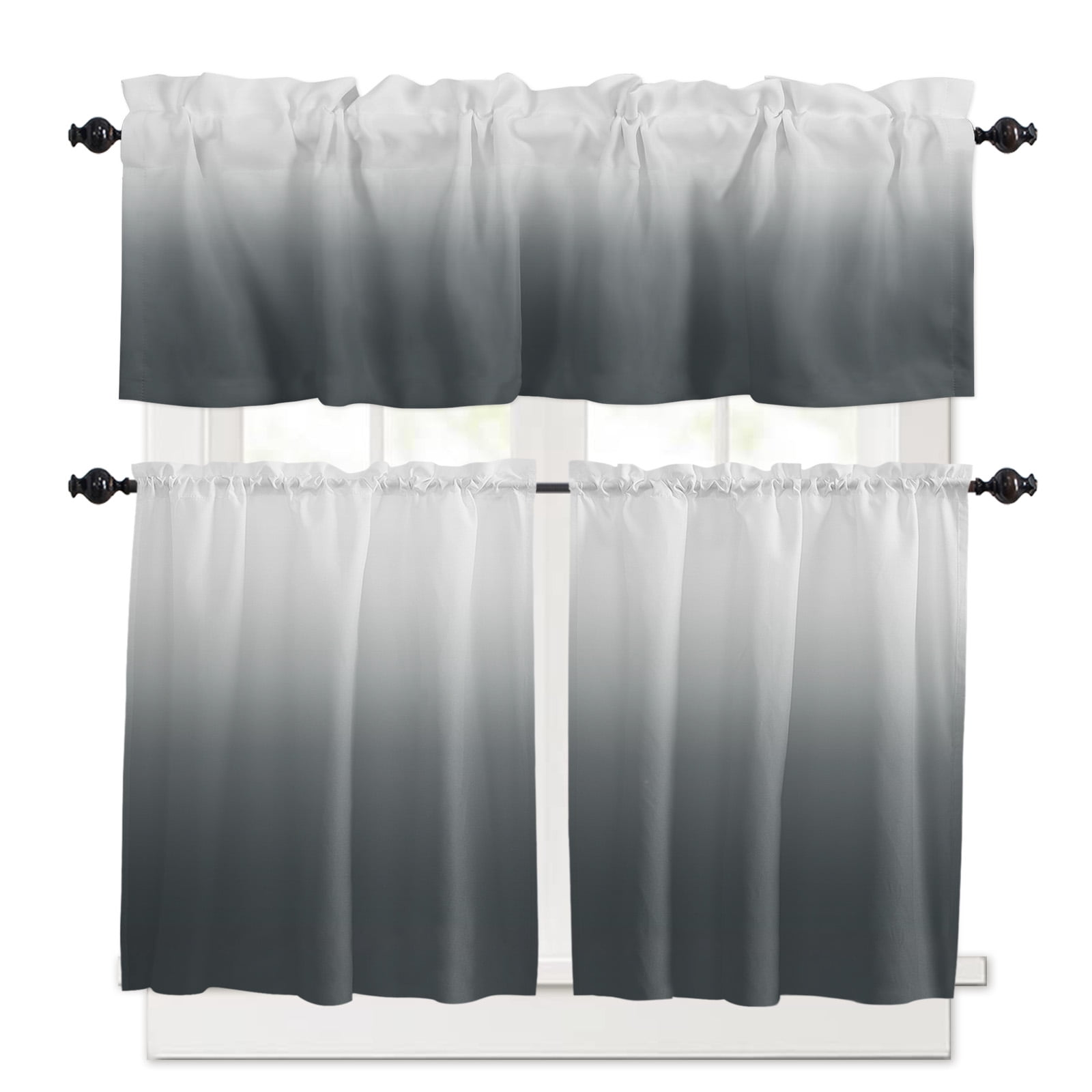 Grey Ombre Kitchen Curtains and Valances Set, 3 Piece Kitchen Curtains ...