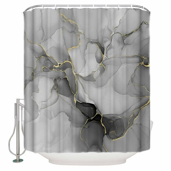 Grey Ombre Marble Bathroom Shower Curtains with 12 Hooks Polyester ...