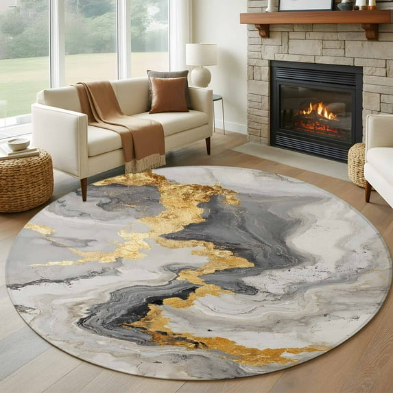 Grey Ombre Marble Round Rugs 8ft, Golden Gray Marble Crack Abstract Art ...
