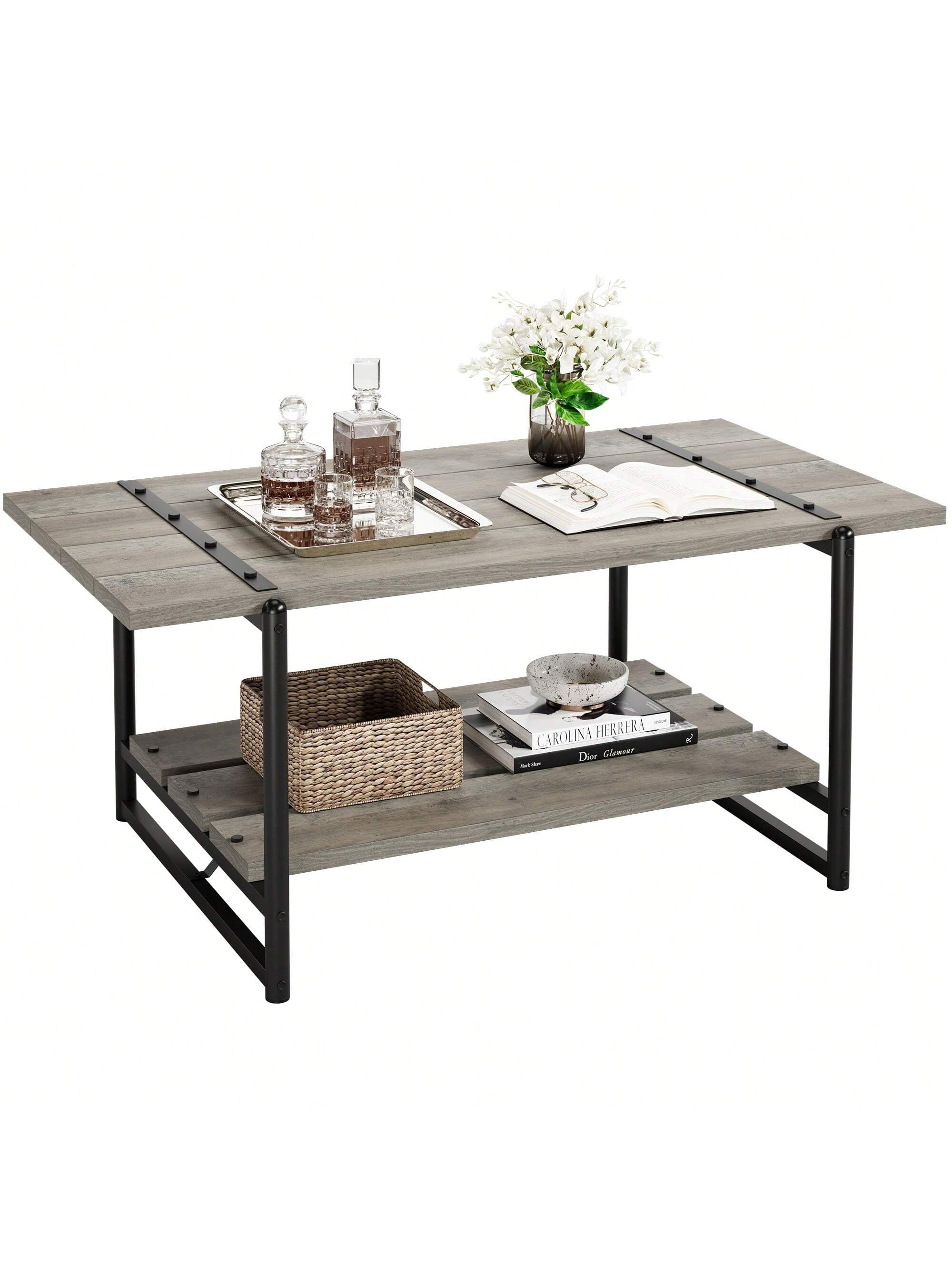 Grey One Size 2-Tier Modern Industrial 41'' Large Wood Coffee Table ...