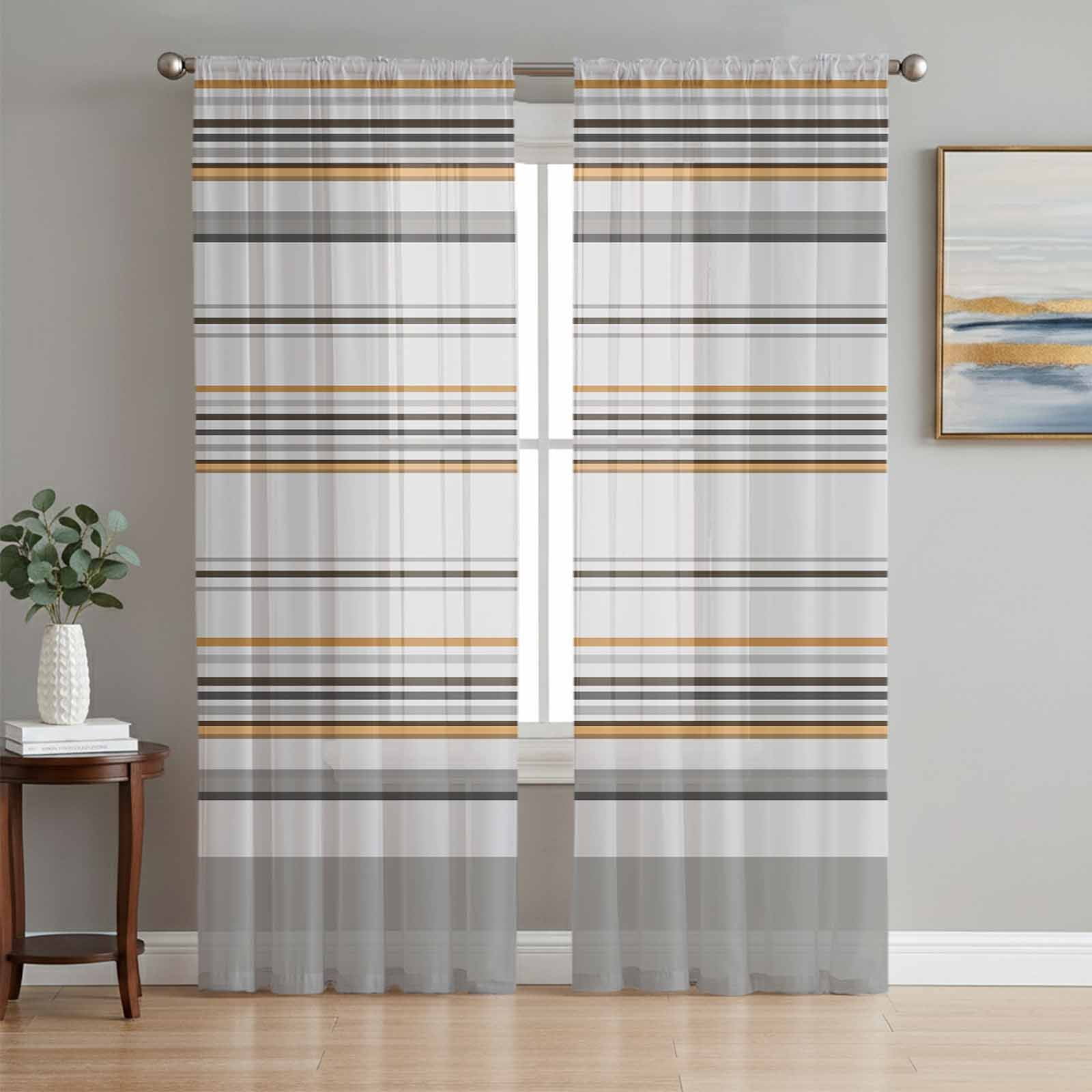 Grey Orange Thin Line Sheer Curtains 63 Inch Length 2 Panels Set ...